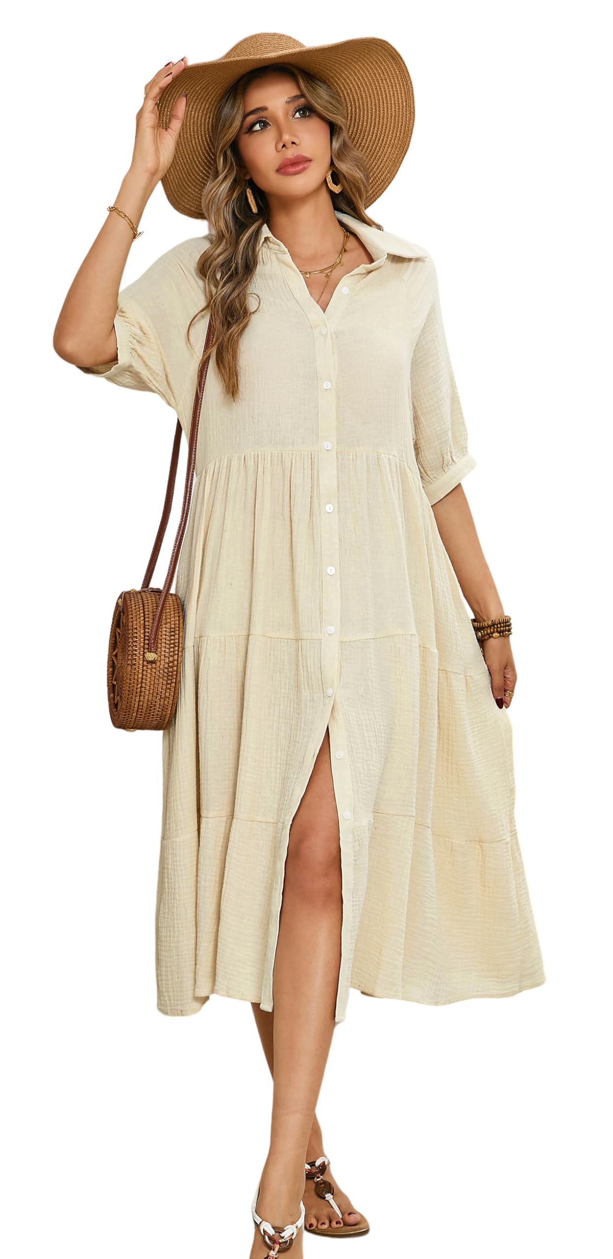 R.Vivimos Women's Summer Cotton Half Sleeves Button Down Casual Loose Slit Midi Dress with ...