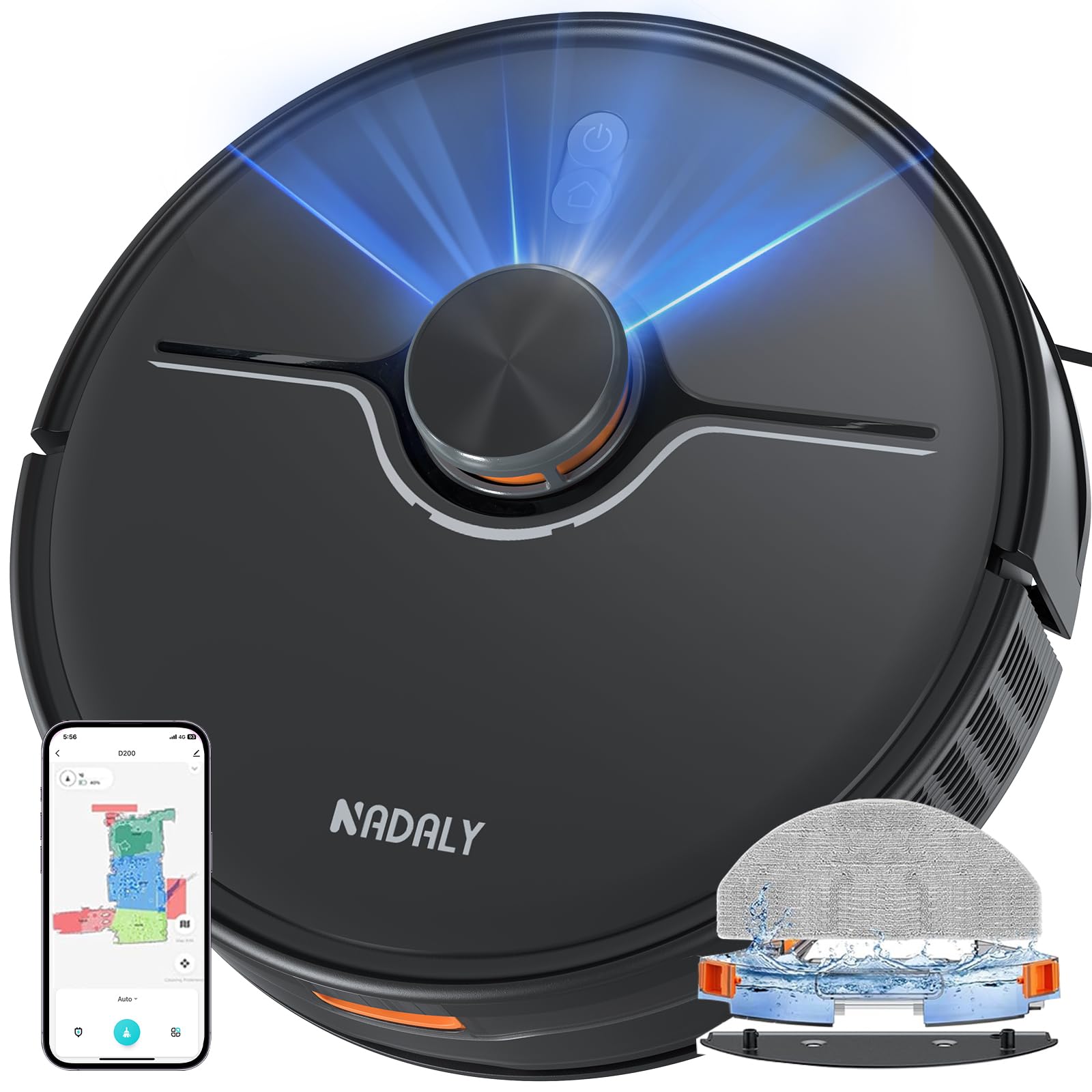 NADALY D200 Robot Vacuum and Mop Combo, Lidar Navigation Robot Vacuum Cleaner, 6000Pa Suction ...