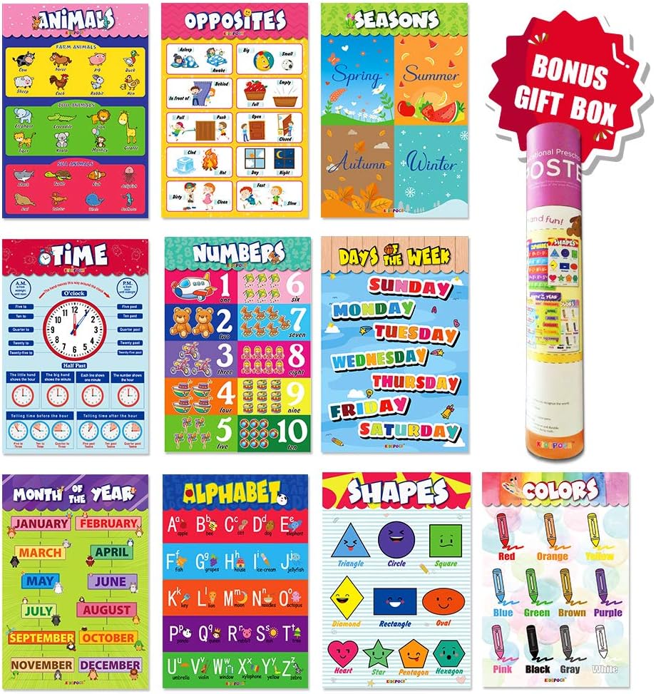 Preschool Educational Posters 10 Laminated Sheets for Toddlers Kids ...