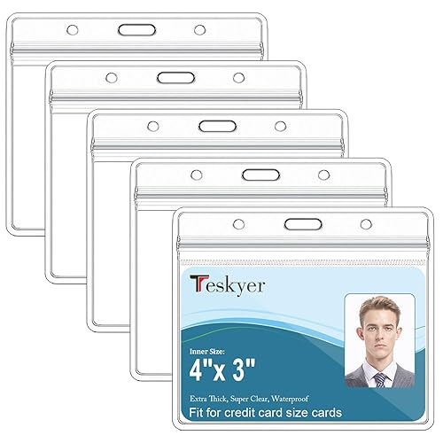 Teskyer 5 Pack Plastic ID Badge Holders, Horizontal Extra Thick Clear ...