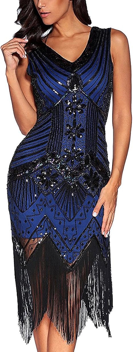 Flapper Vestidos de Mujer de los años 20 con Cuello en V con Cuentas de ...