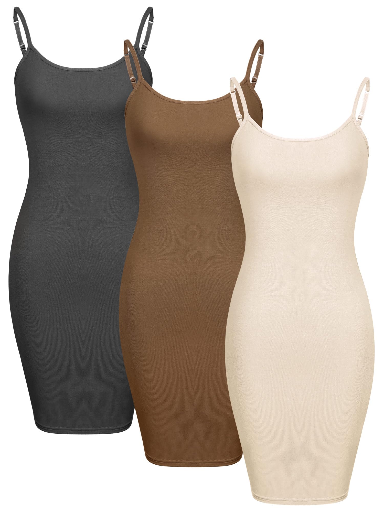 WILLBOND 3 Pieces Basic Cami Women Long Tanks Dress with Strap, Solid Color (Charcoal Gray ...