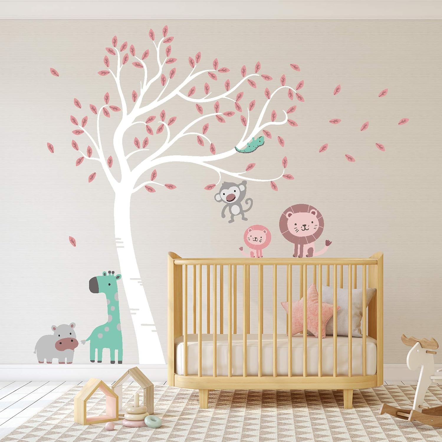 Luxury Large Pastel Coloured Zoo Themed Tree Nursery Room Wall Art ...