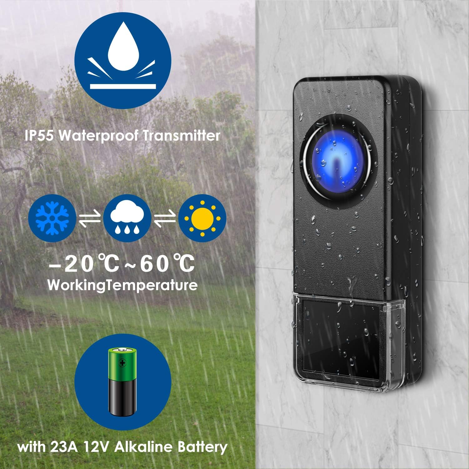 Wireless Doorbell, Battery Operated Waterproof Wall Plug-in Cordless ...