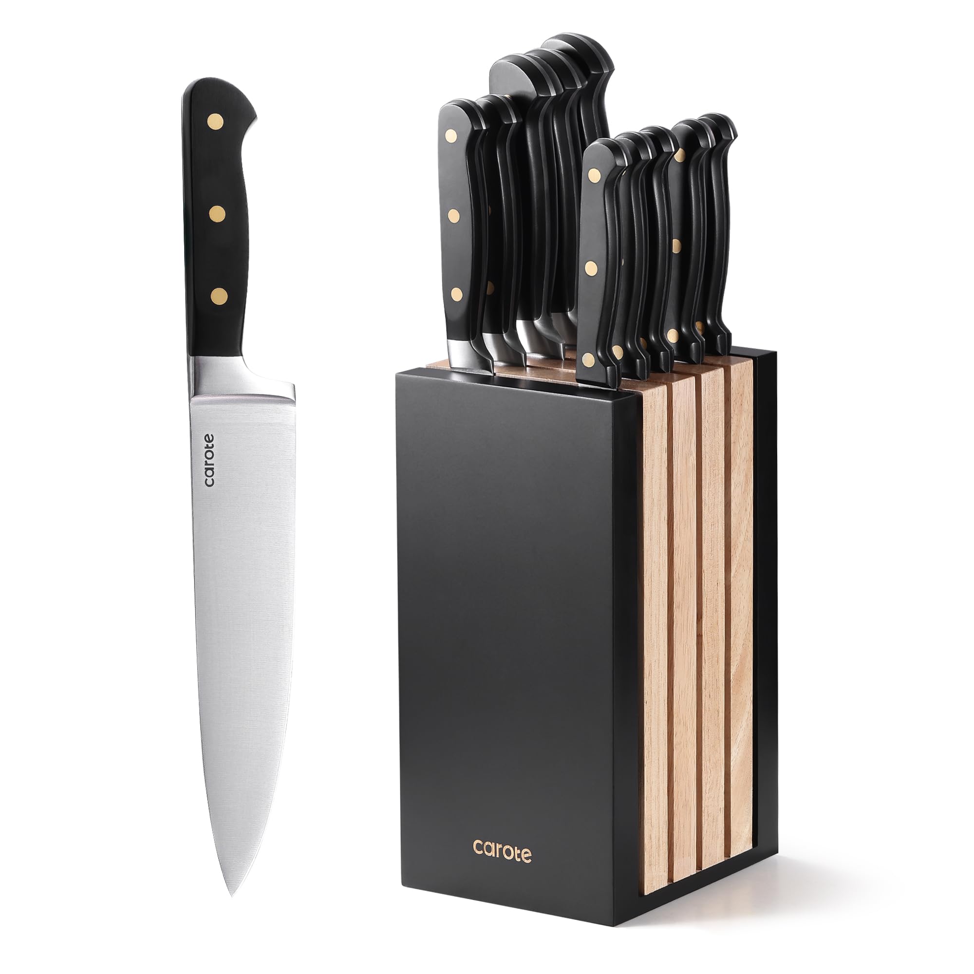 CAROTE 11PCS Knife Set with Block for kitchen, Stainless Steel Razor ...