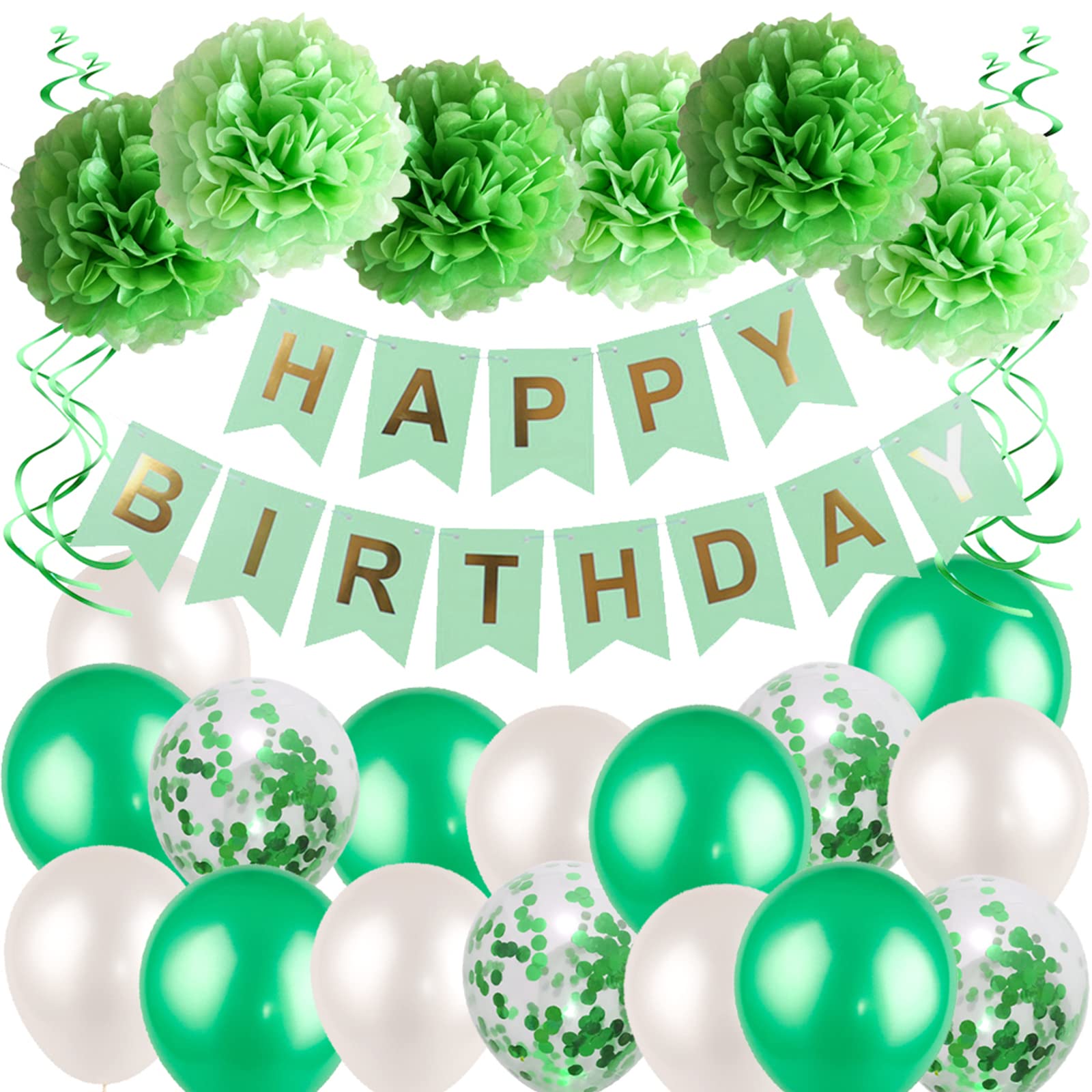 Green Birthday Decorations Kit - HAPPY BIRTHDAY Banner, Spiral Charm ...