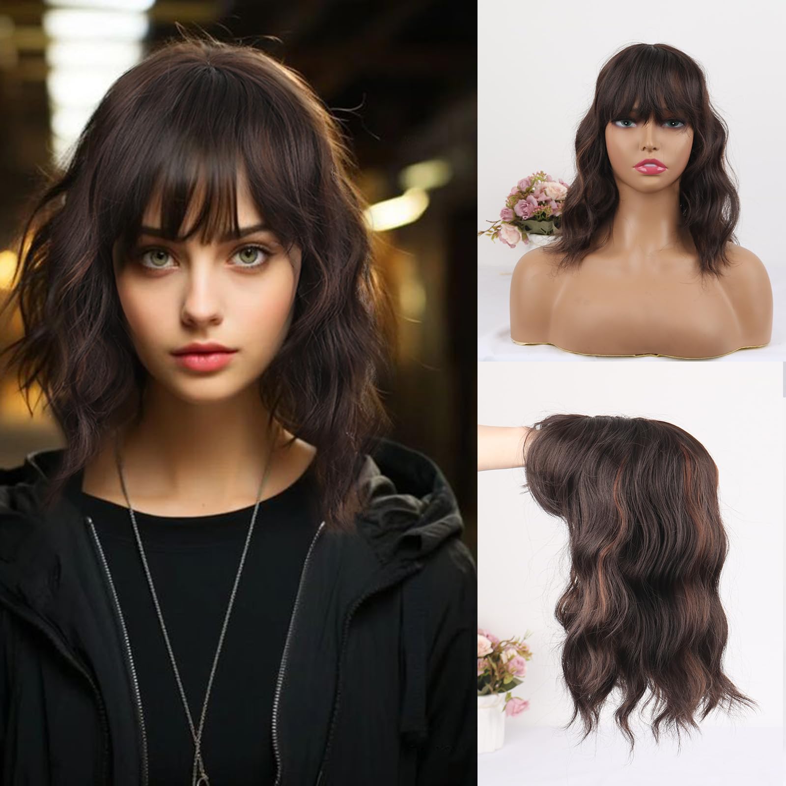 CINHOO Curly Wavy Hair Topper with Bangs Hair Clip in Bob Toppers Hair ...
