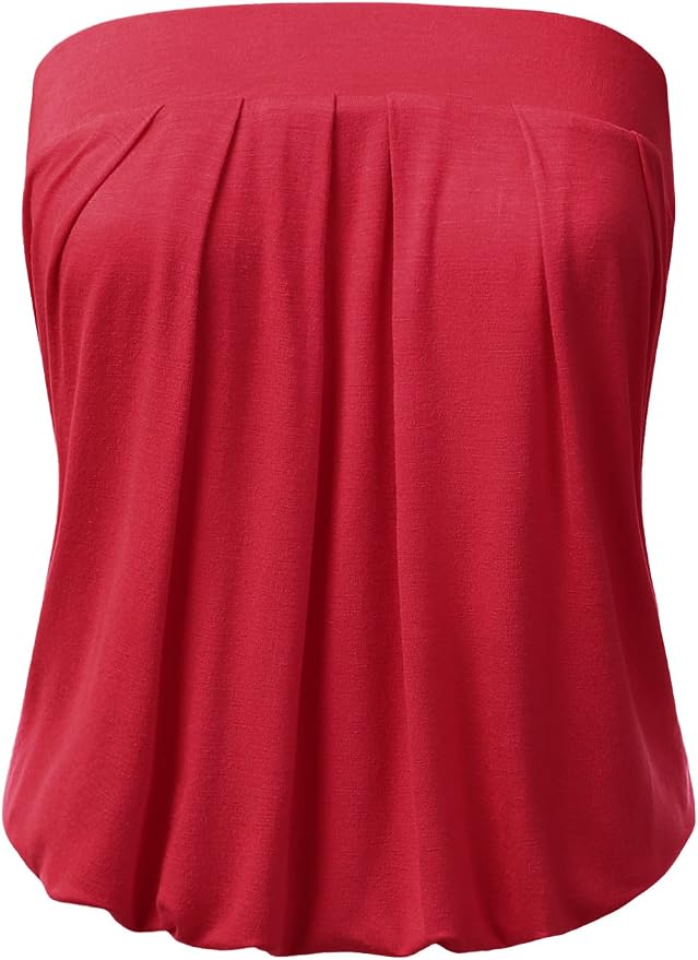 Doublju Women's Natural Pleated Stretchy Tube Top with Elastic Band Red ...