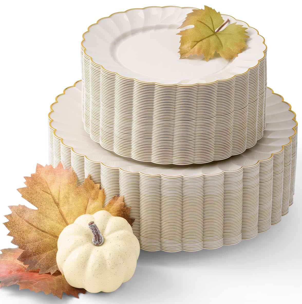 By Madee HIGH END 100 PC Scalloped Ivory and Gold Plates | 50 Dinner ...