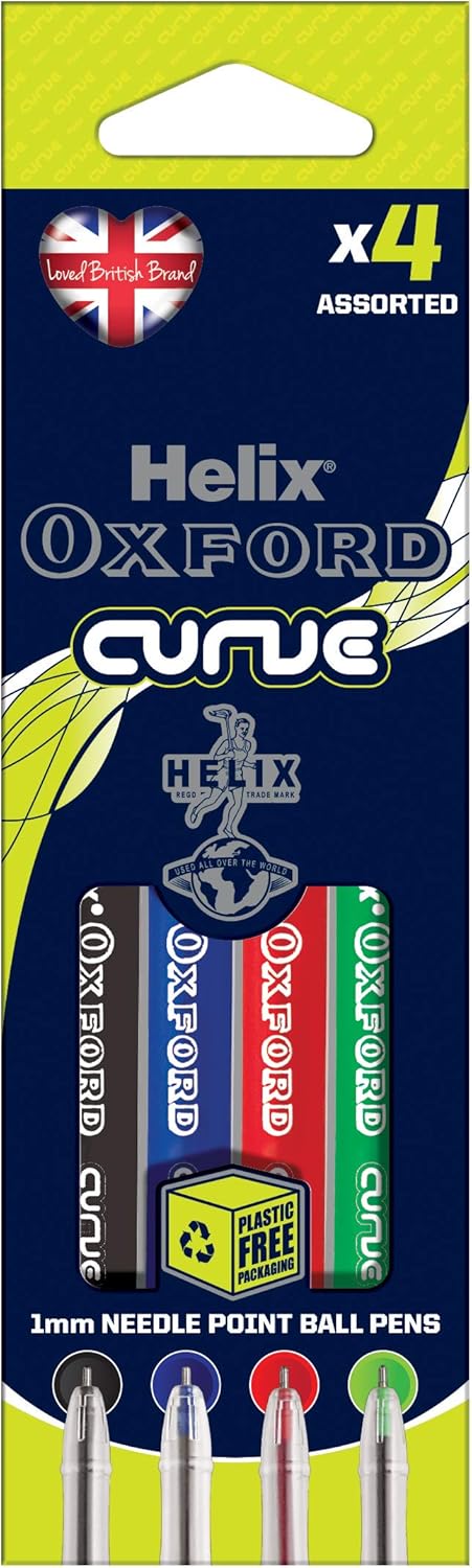 Helix Oxford Curve Ballpoint Pens (x4 Pack Assorted Colours) with ...