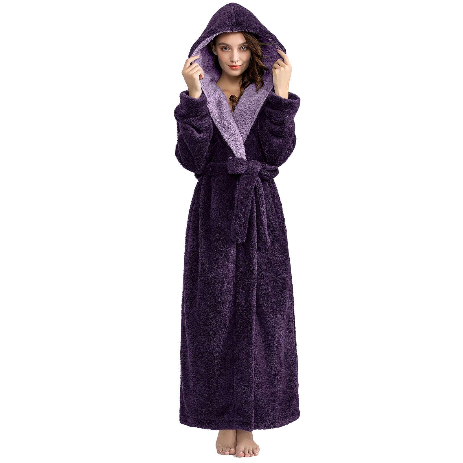 Hellomamma Long Hooded Robe for Women Luxurious Flannel Fleece Full Length Bathrobe Winter Warm ...