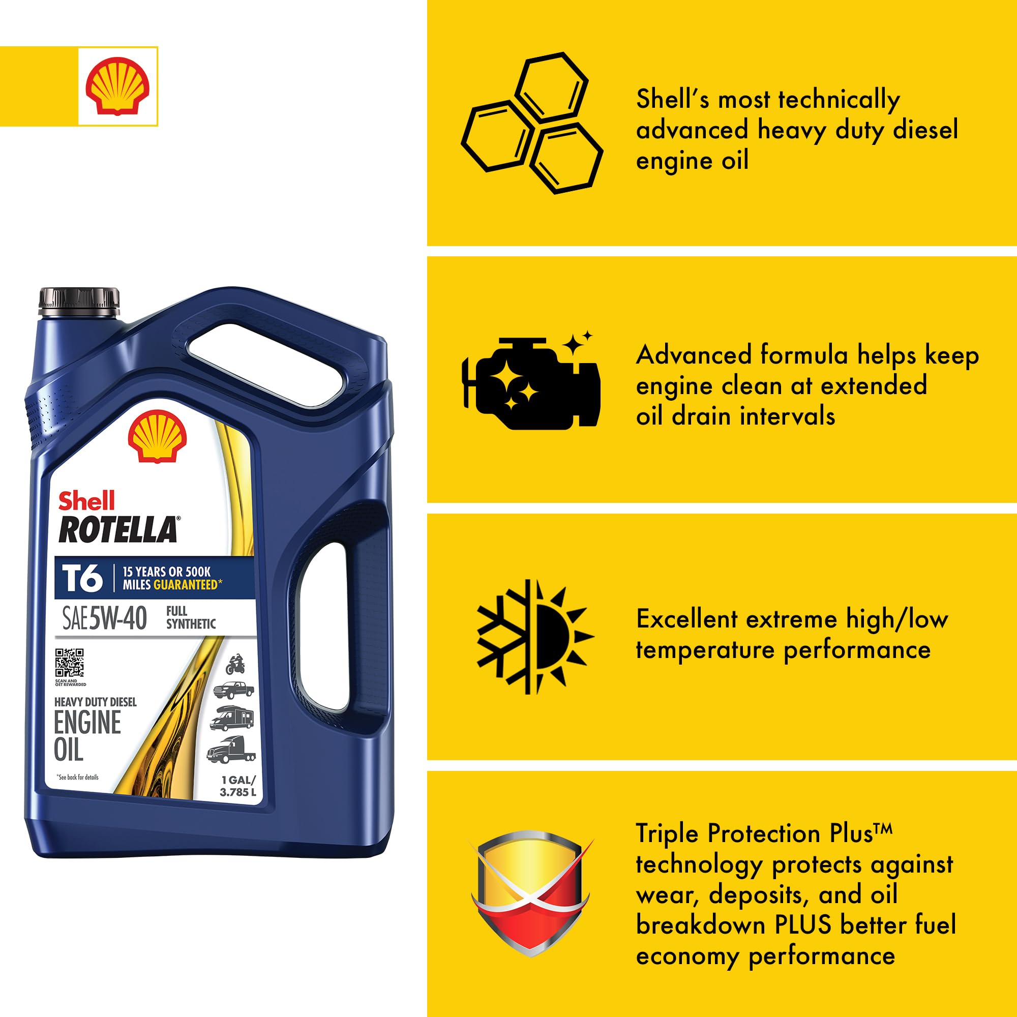 Shell Rotella T6 Full Synthetic 5W-40 Motor Oil, 1 galón (3 paquete)