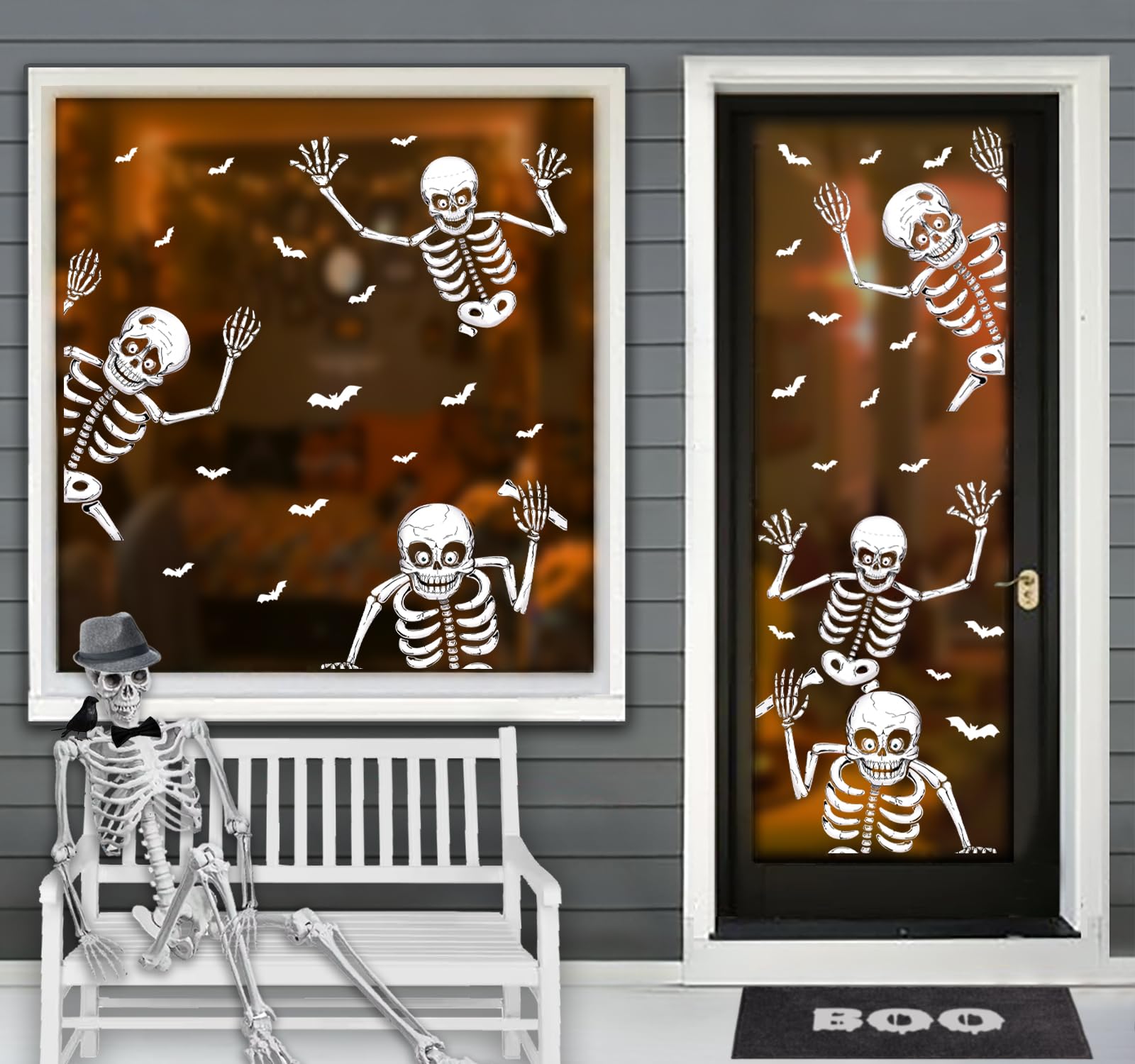 Halloween Window Clings Decorations, 8 Sheets 6 Giant Skeleton Window ...