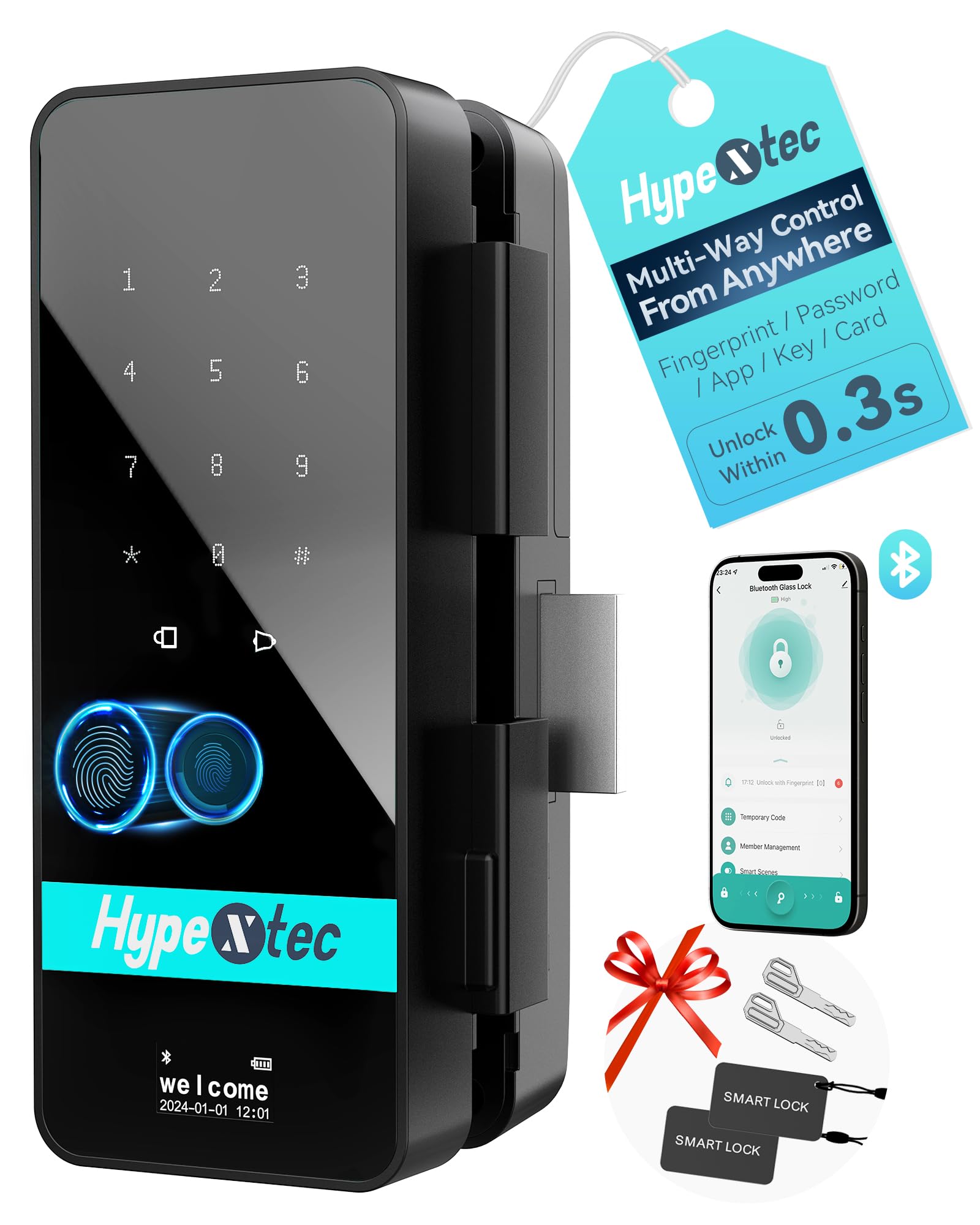 HypeXtec No-Drill Smart Glass Lock for Frameless Doors,Auto-Reversal ...
