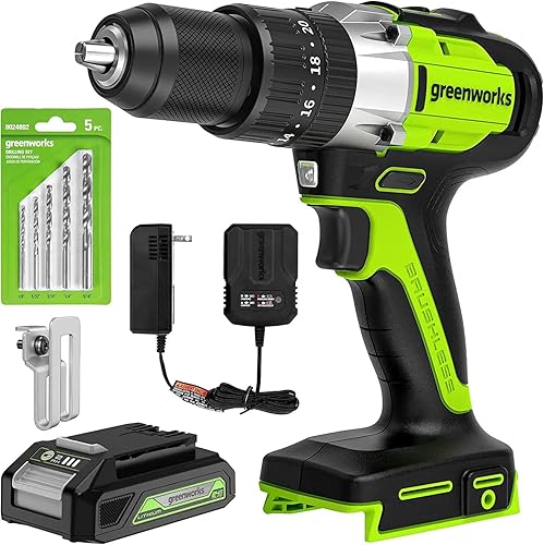Greenworks 24V Brushless 1/2" Hammer Drill (Metal Chuck / 530 in.-lbs. / 20+3 Clutch / LED Light ...