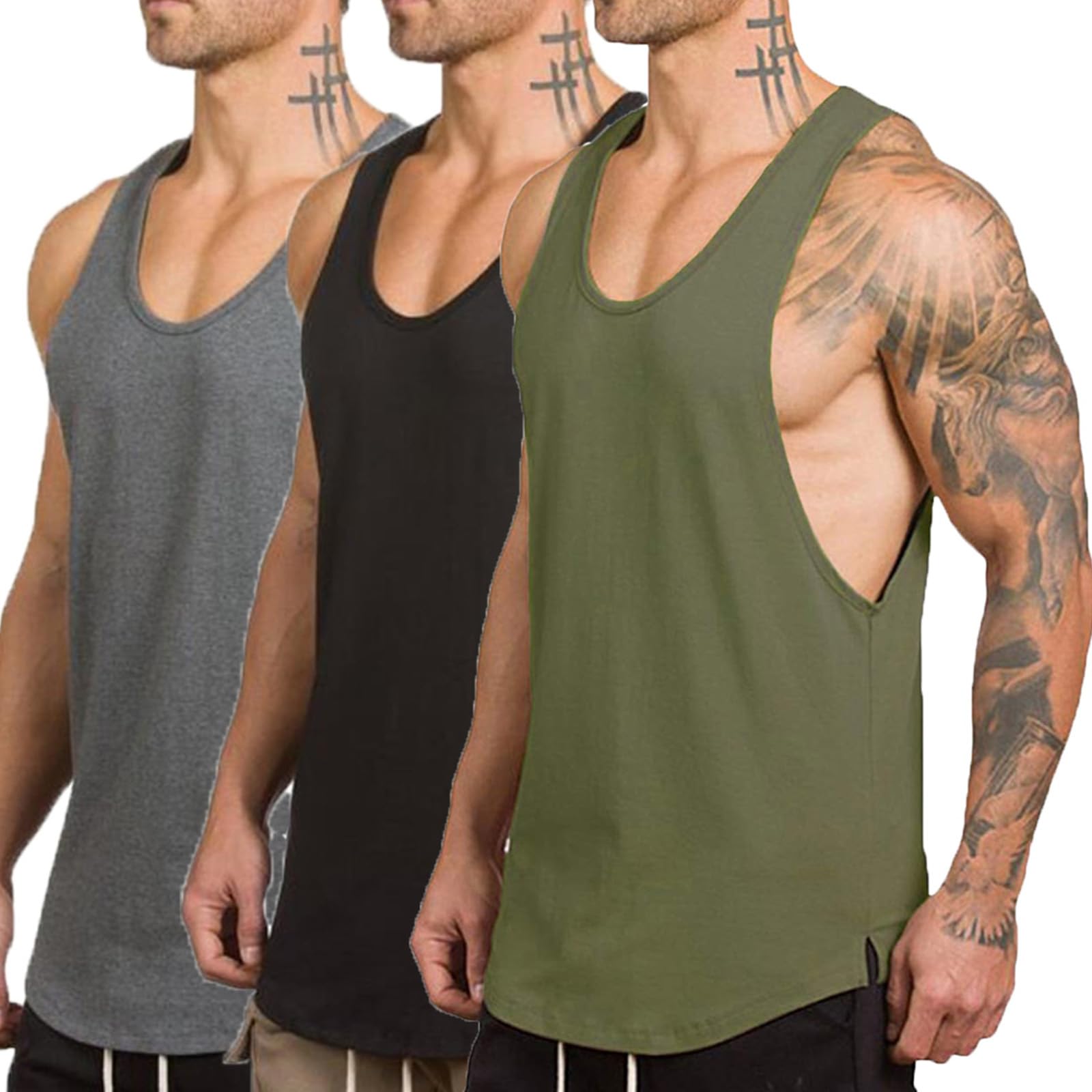 ZUEVI Men's 3 Pack Workout Tank Tops Cut Open Sides Bodybuilding Vest ...
