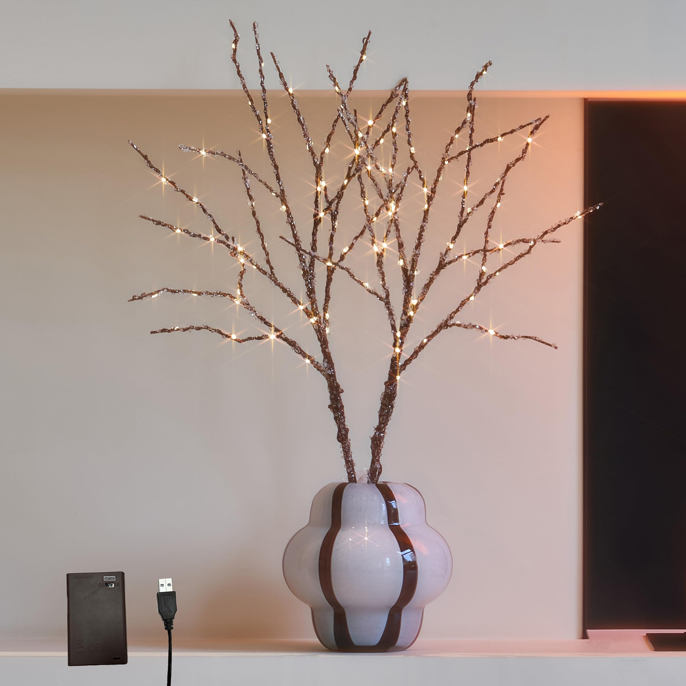 LITBLOOM Lighted Iced Willow Branches 32IN 100 LED with Timer Battery ...