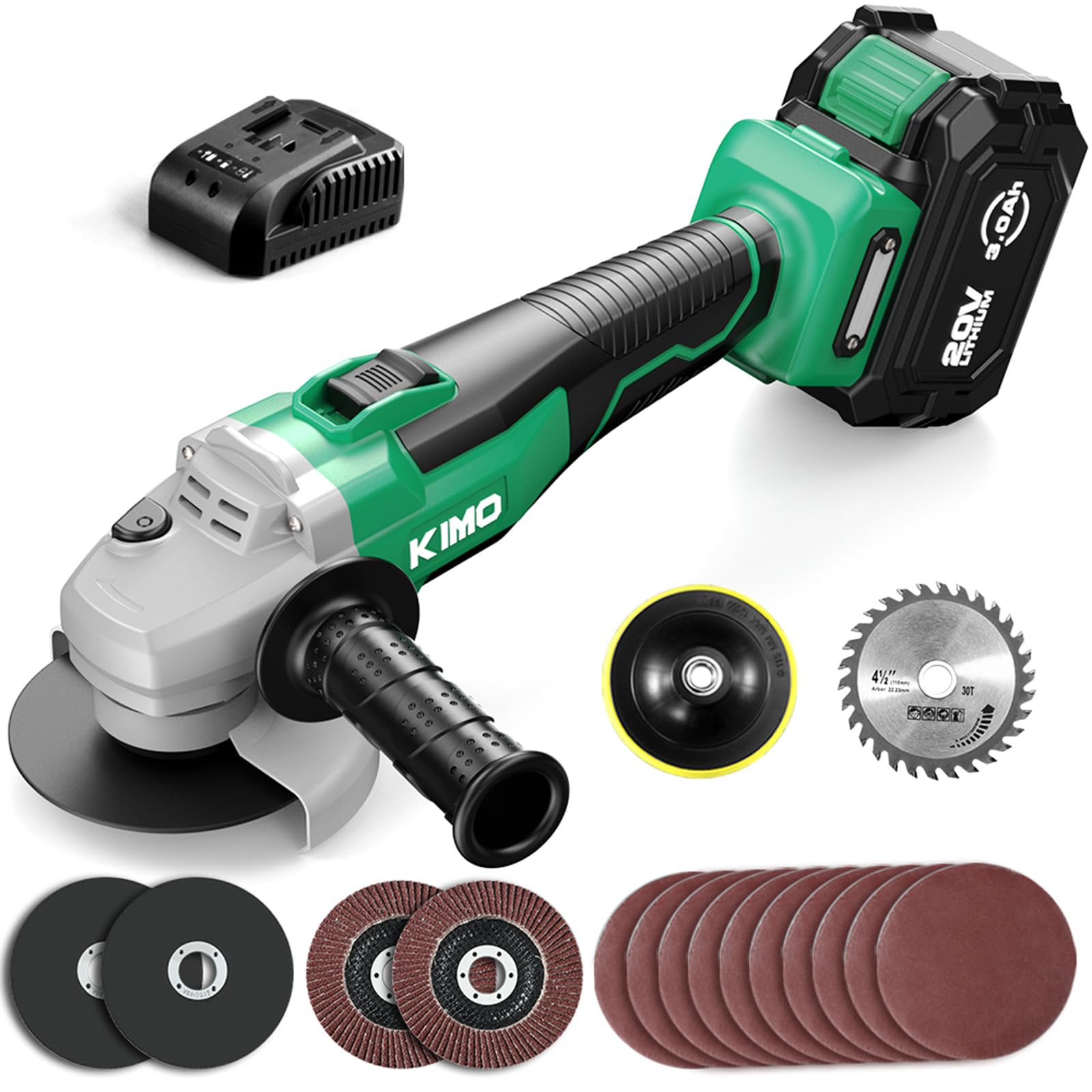 KIMO Cordless Grinder 20V Cordless Angle Grinder w/ 3.0Ah Li-Ion ...