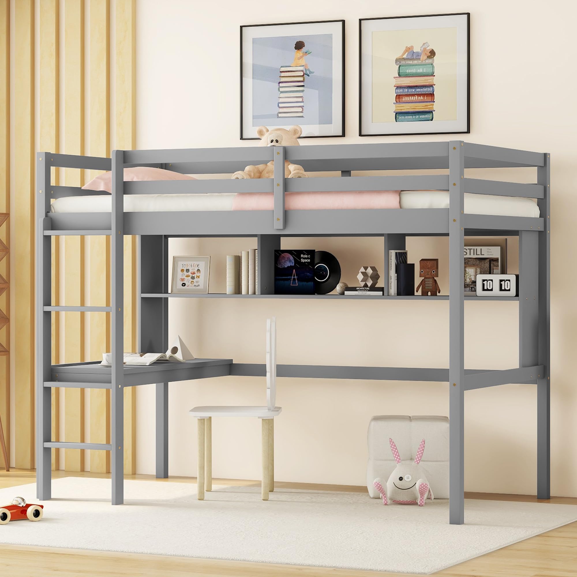 Twin Size Loft Bed with Desk for Kids,Solid Wood Loft Bed Frame with ...
