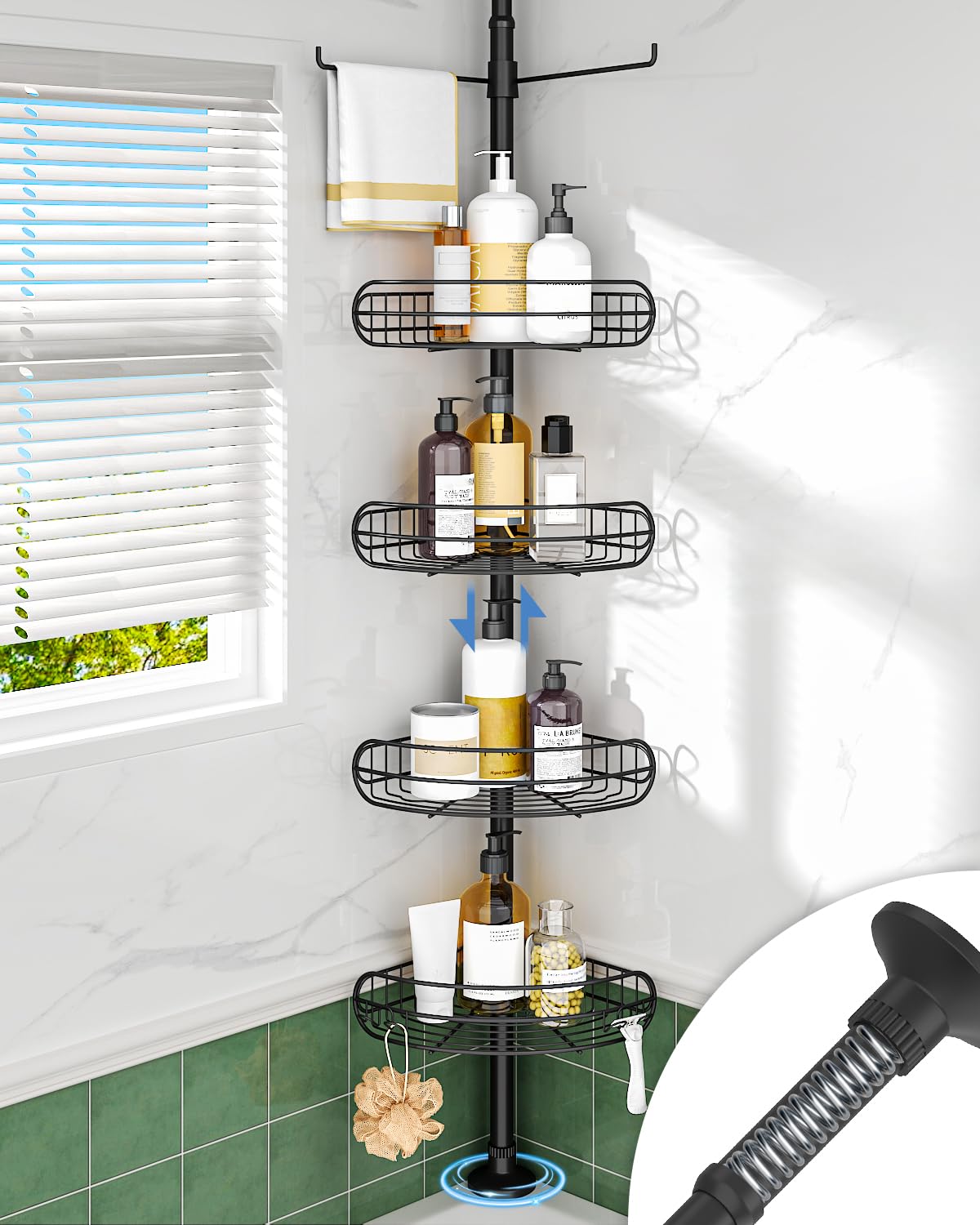 ALLZONE Corner Shower Caddy Tension Pole, 4-Tier Adjustable Shelves, Rustproof Bathroom Shower ...