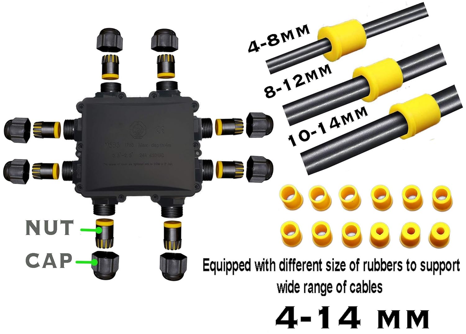 2 Packs of 24A 450V AC IP68 Waterproof Large Box 8 Way Electrical Cable ...