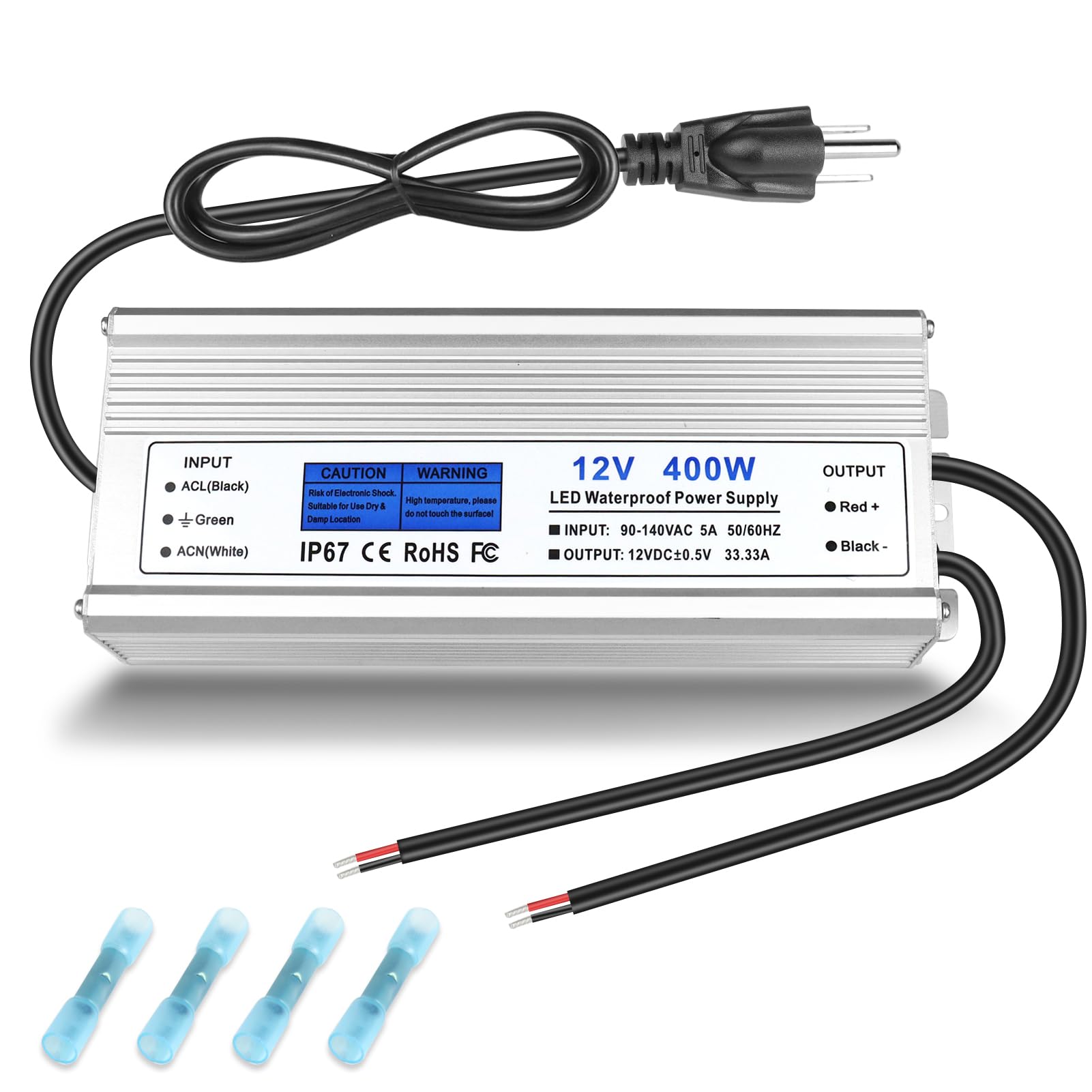 LED Driver 400 Watts, IP67 Waterproof 12V Power Supply, AC 90-140V to ...
