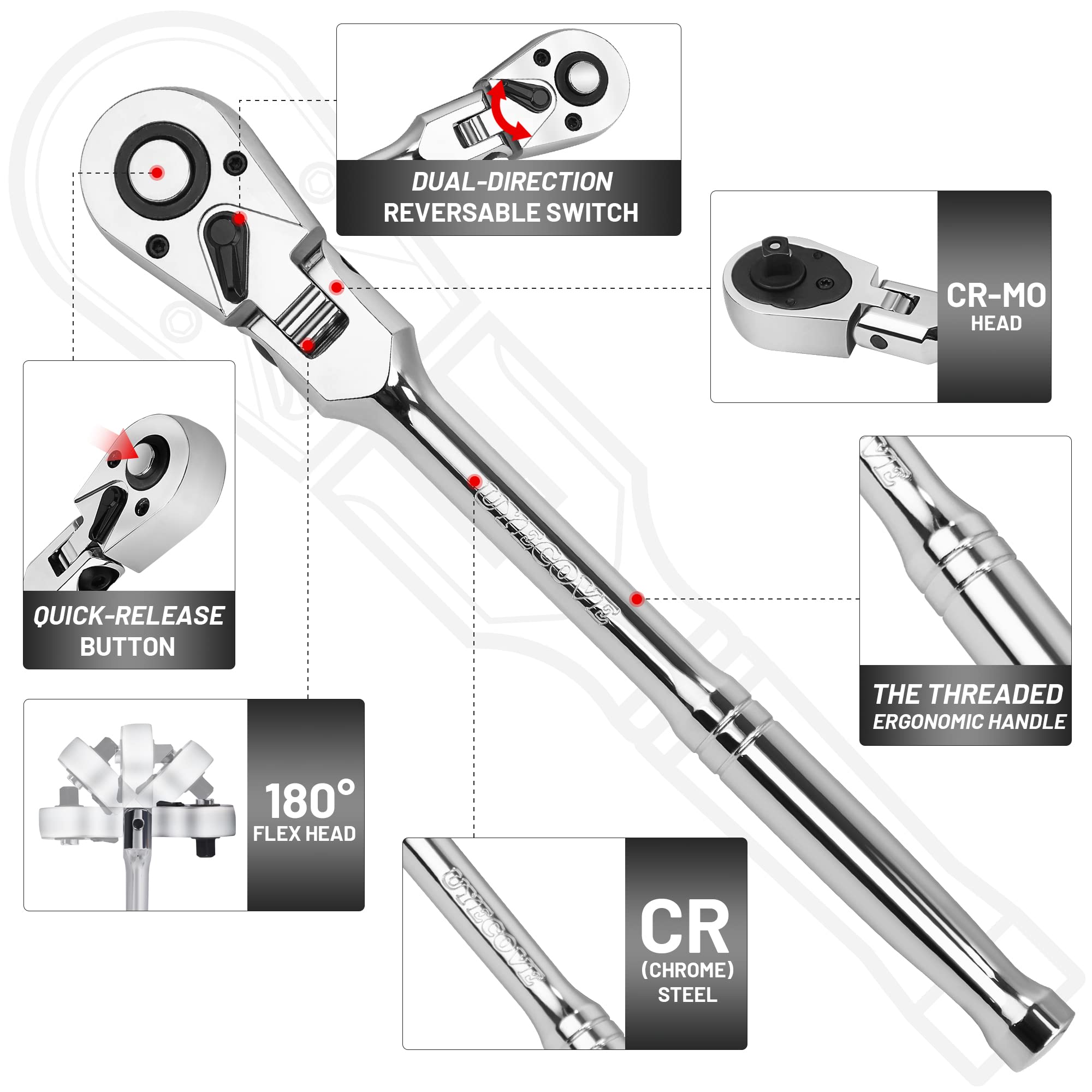 Mua UYECOVE 1/2 3/8 1/4 Inch Drive Ratchet Set, 3Pcs Flex Head Ratchet ...