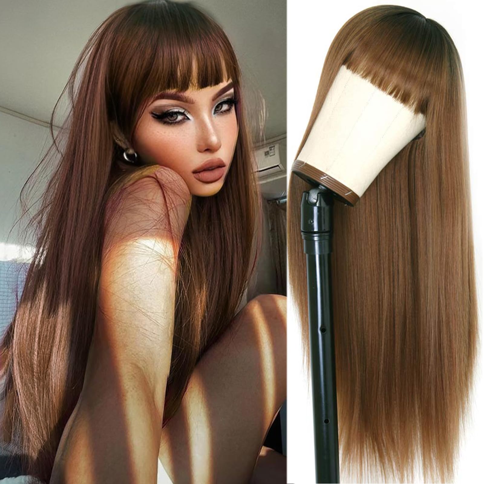 Fugady Hair Ombre Light Brown Long Straight Wigs With Bangs Synthetic ...