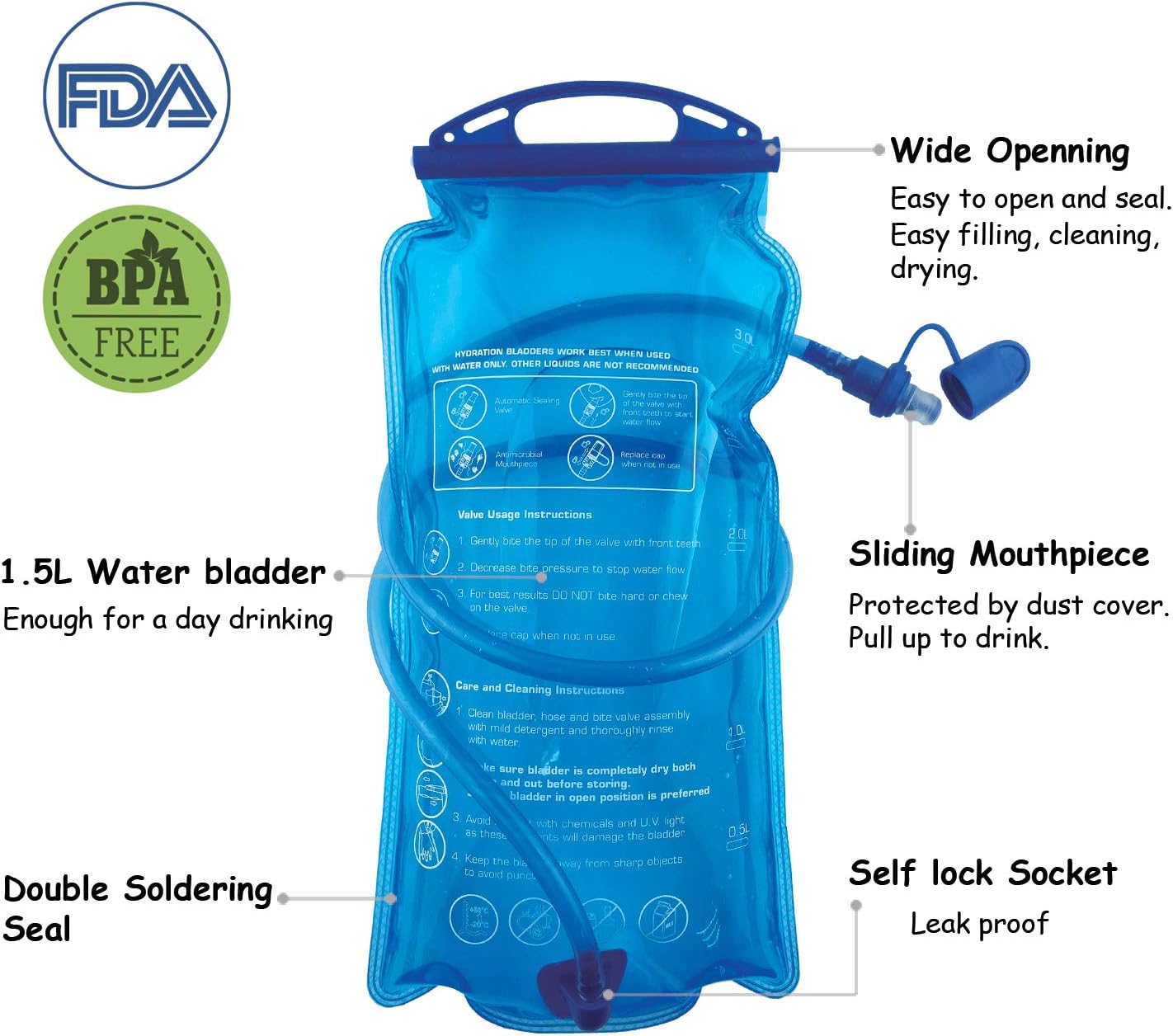 Hydration Bladder, 3 L 2 L 1.5 L Water Bladder BPA Free, 3 Liter Large ...