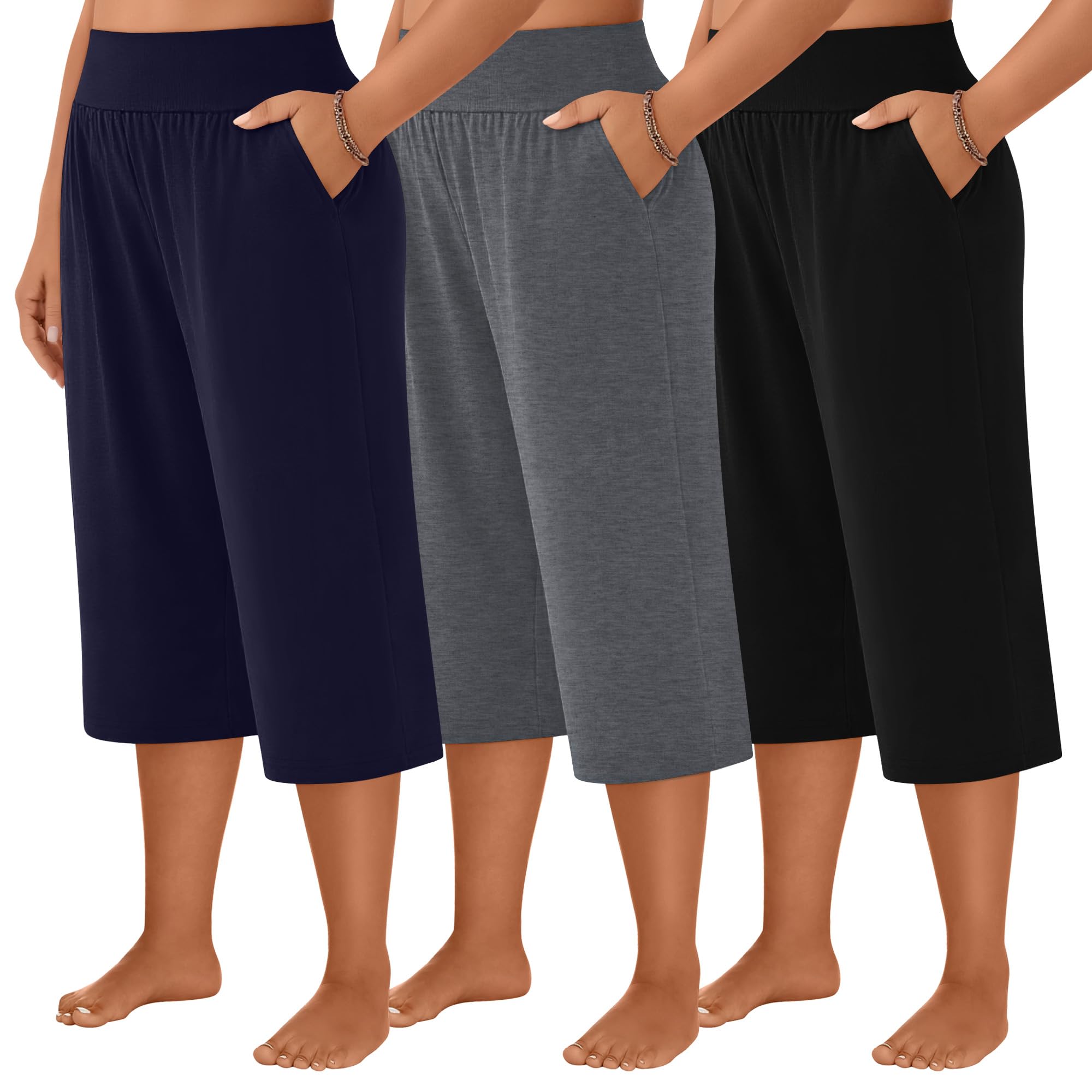 Neer 3 Pack Women's Plus Size Capri Pants, Wide Legs Elastic Waist ...
