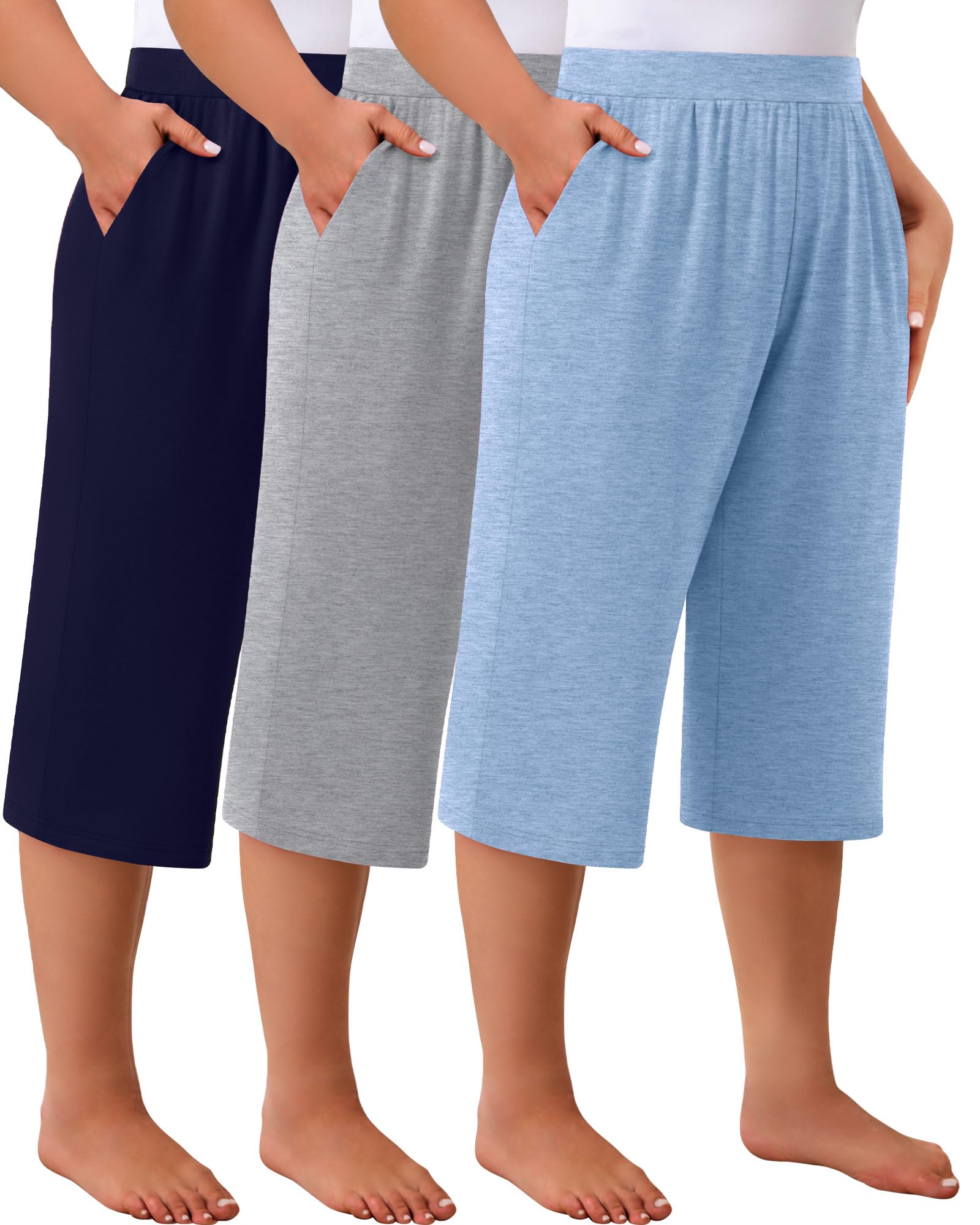 Huukeay 3 Pack Women's Plus Size Capri Pants, Cotton Wide Leg Capris ...
