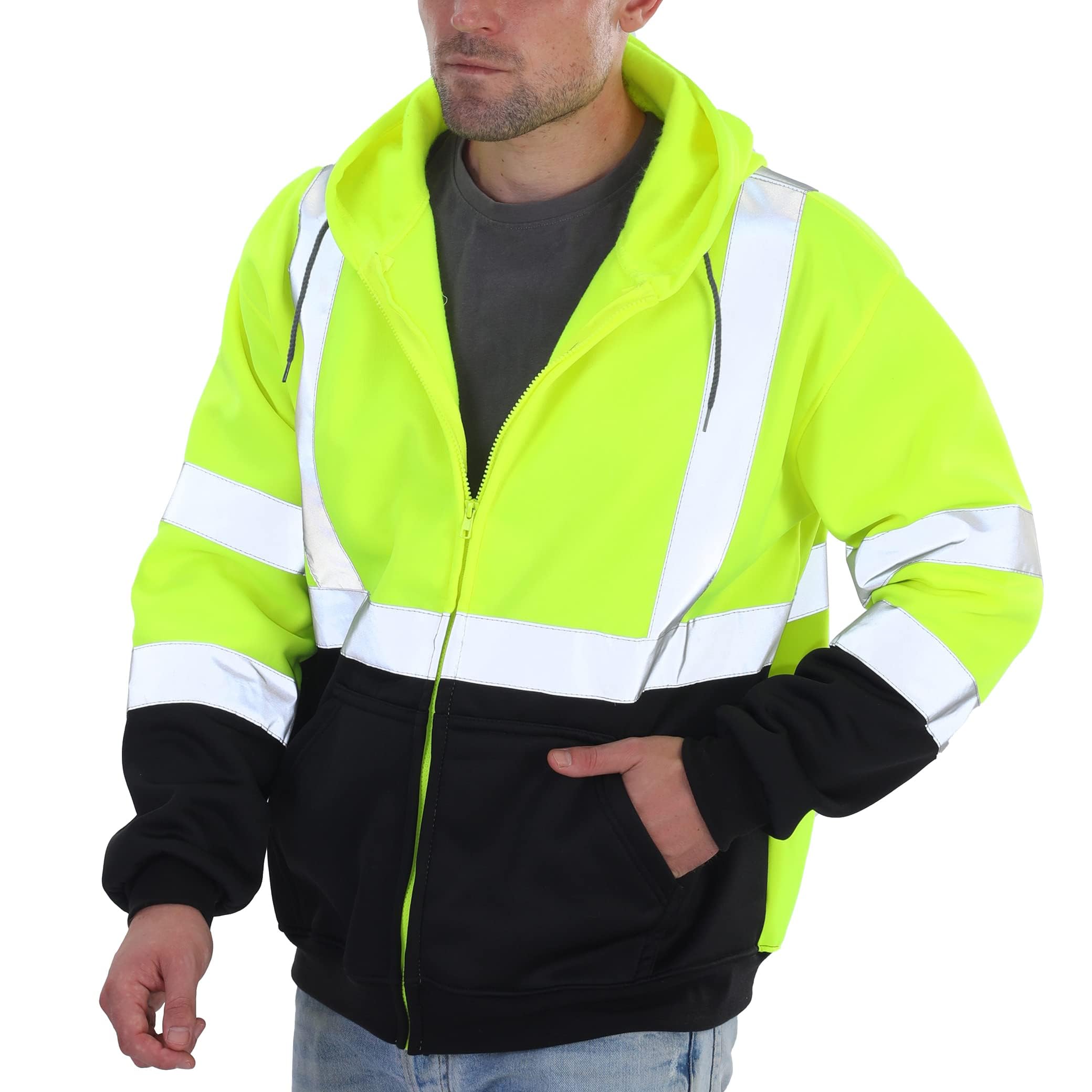 sesafety High Visibility Safety Sweatshirt for Men, Class 3 Reflective Zippered Hooded ...