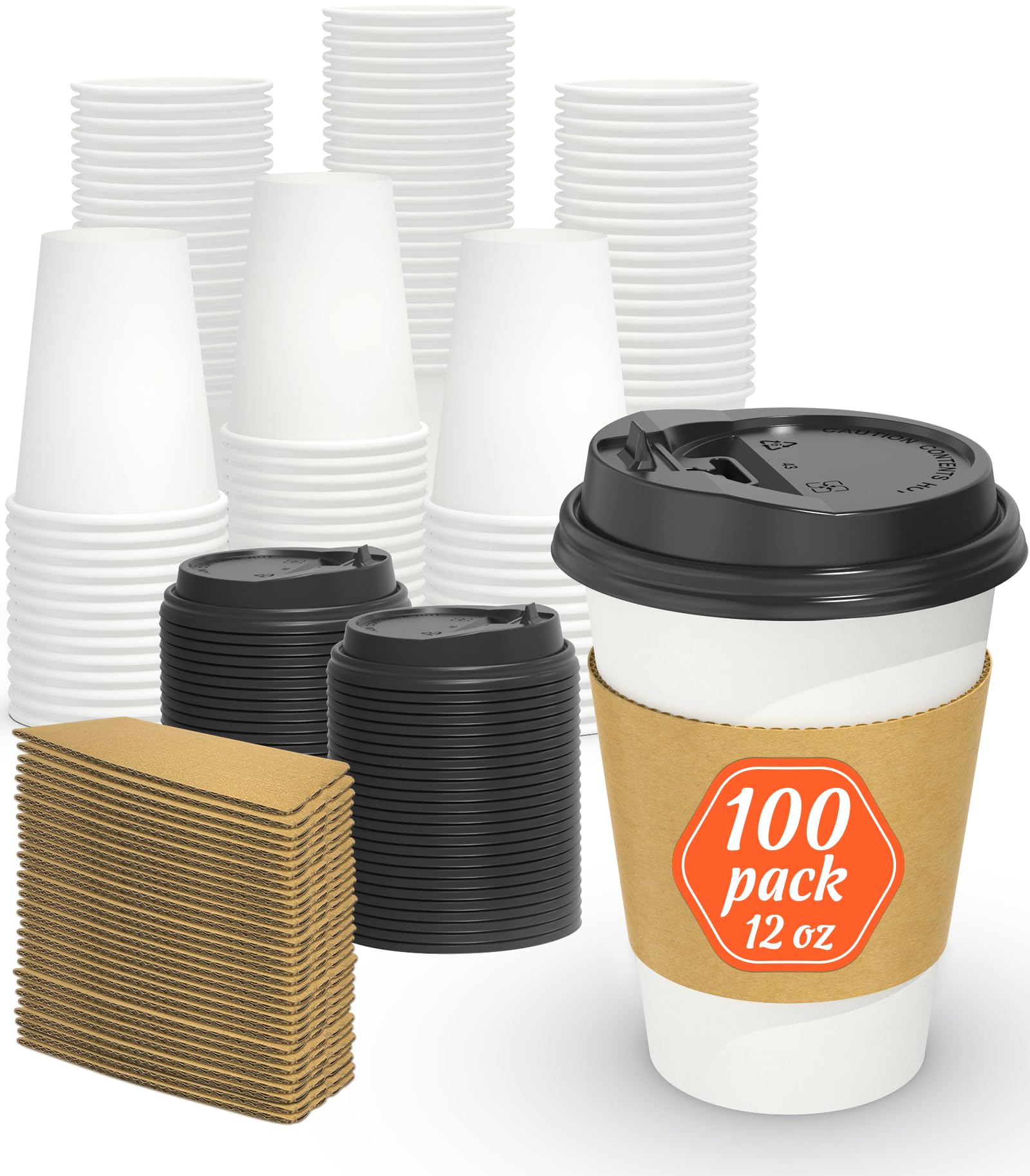 Dealusy 100 Pack 12 oz Disposable Coffee Cups with Lids and Sleeves ...