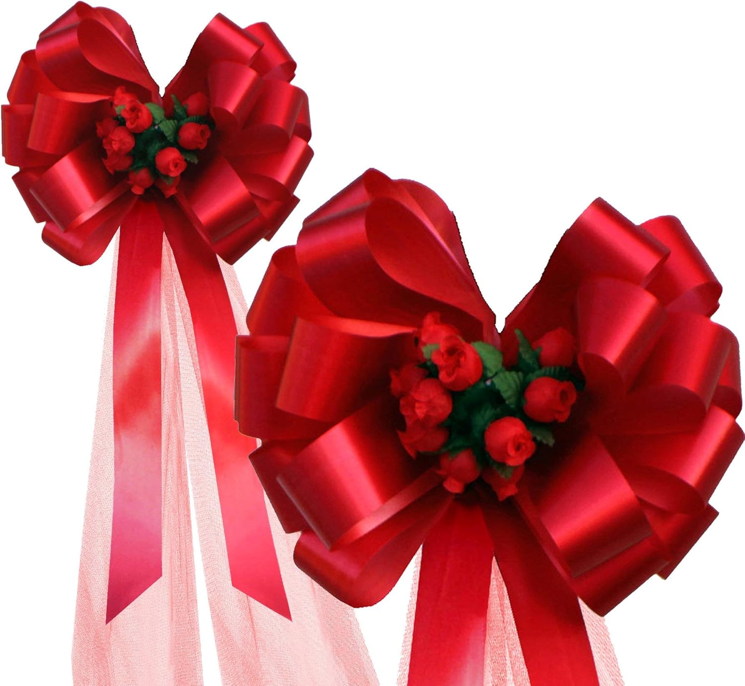 Amazon.com: Red Pull Bows with Tulle Tails and Rosebuds - 8" Wide, Set ...