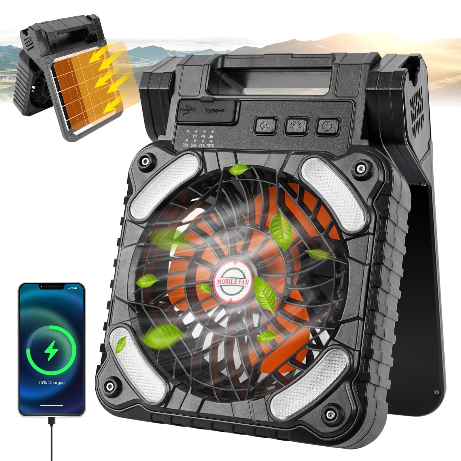 Solar Powered Fan Camping with LED Light, 7" 10400mAh Portable Camping ...