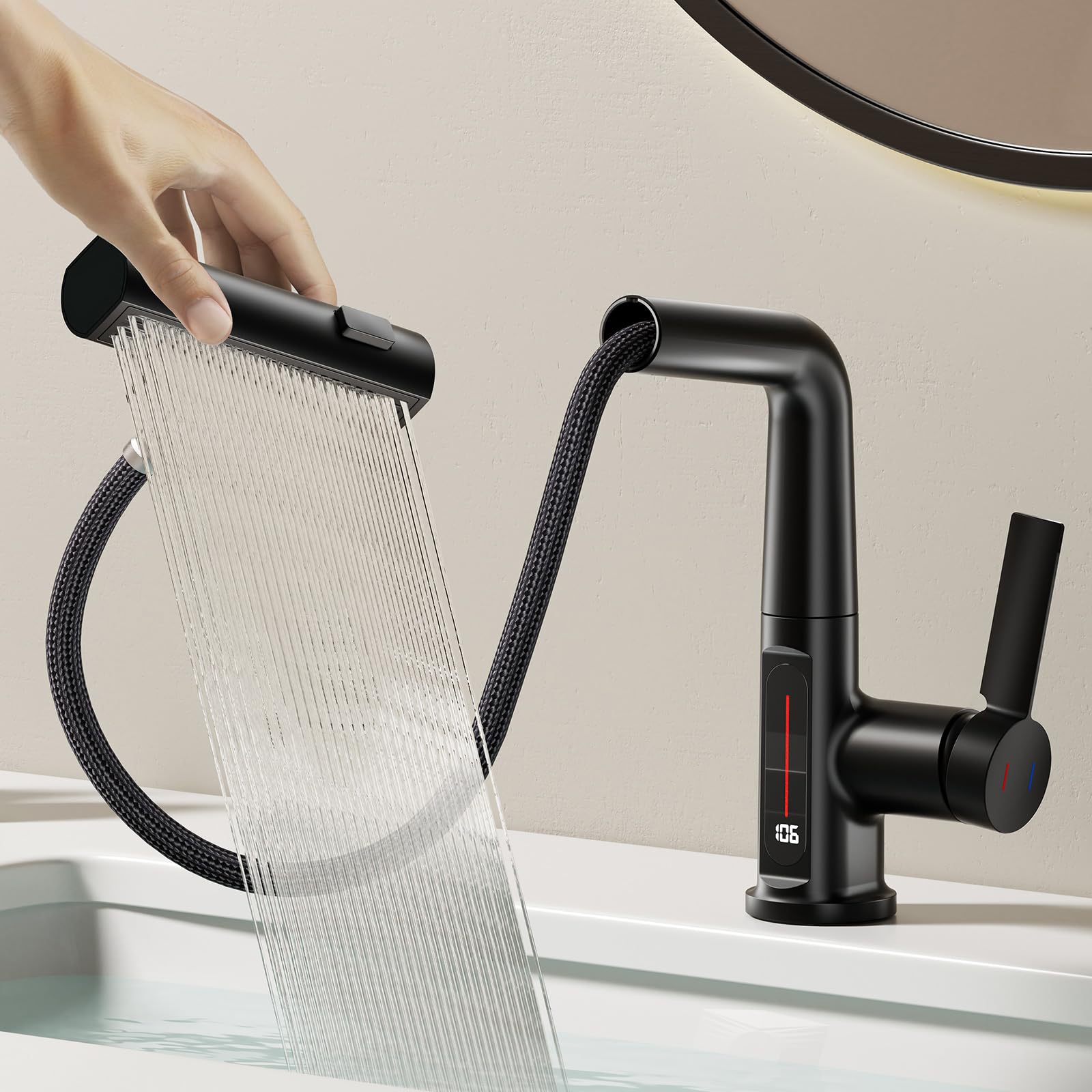 SINGSUO Liftable Bathroom Faucet with Pull Out Sprayer, 3 Modes Digital ...