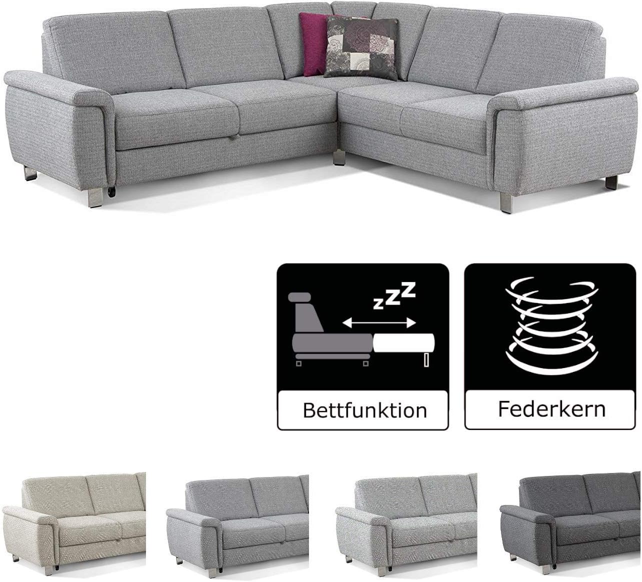 Cavadore Ecksofa Bryste mit Federkern / Graue Eckcouch mit Bettfunktion ...