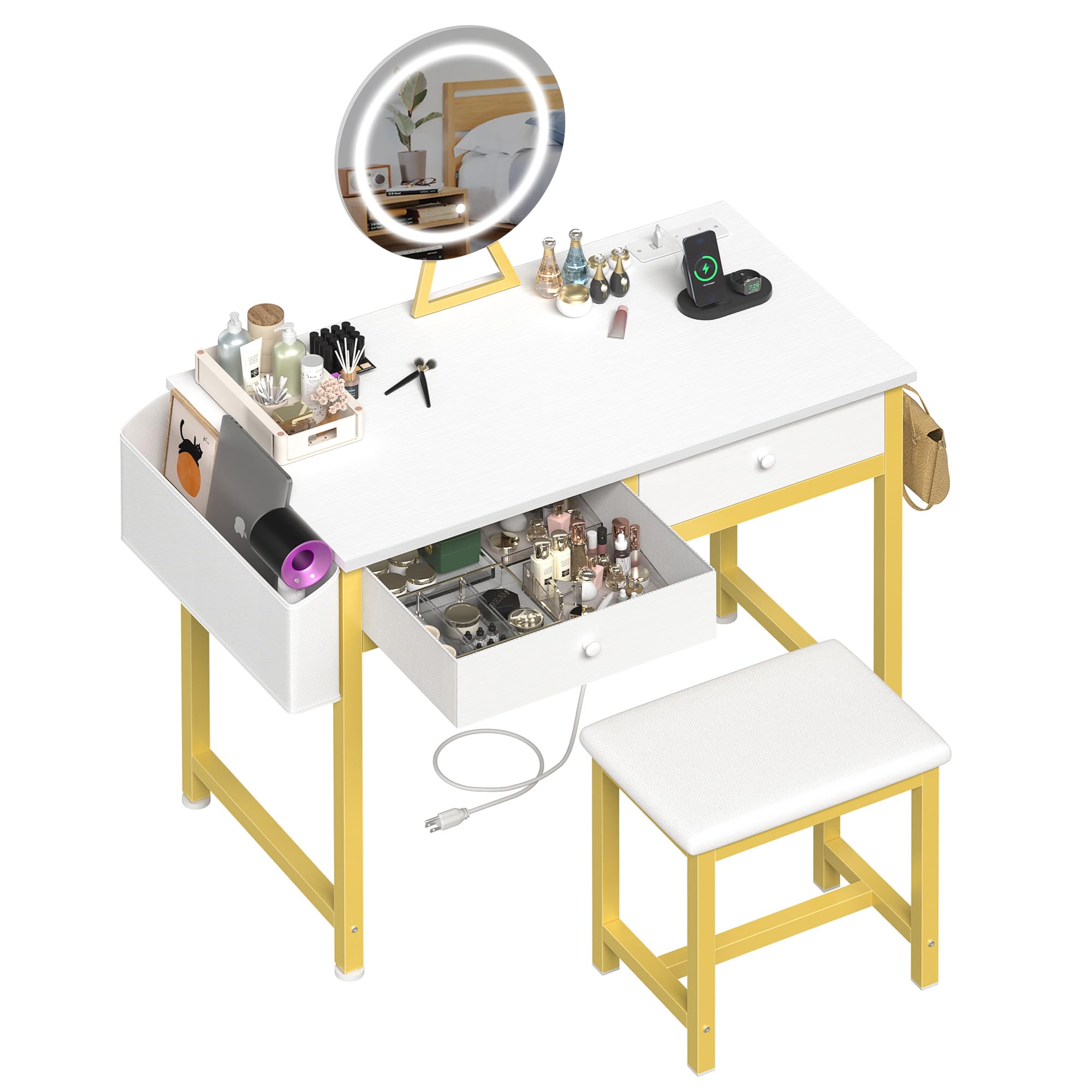 Mua Makeup Vanity Desk with Mirror and Lights - Small White Gold Vanity ...