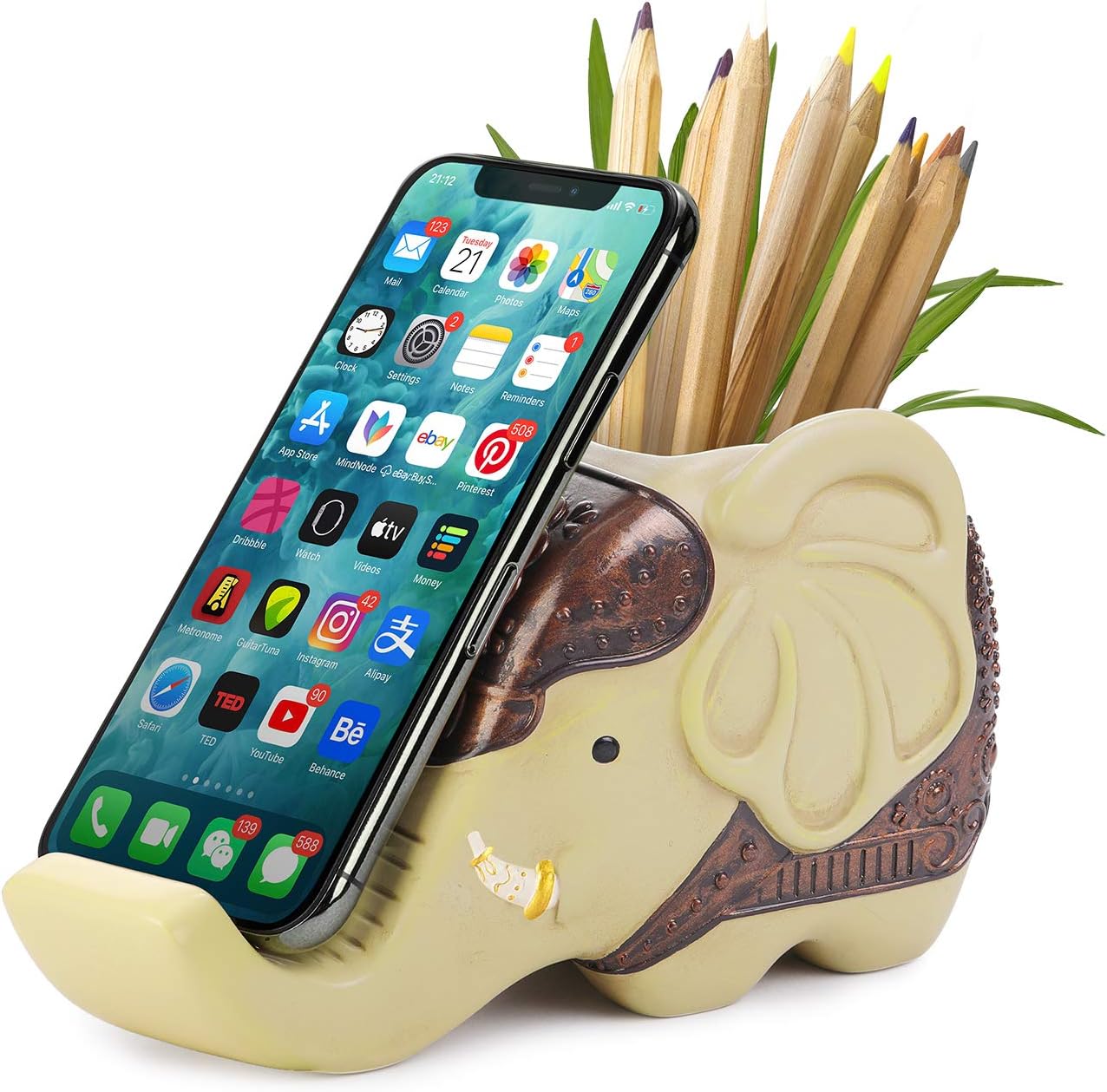 Elephant Pencil Holder with Phone Stand, AhfuLife Resin Carving ...