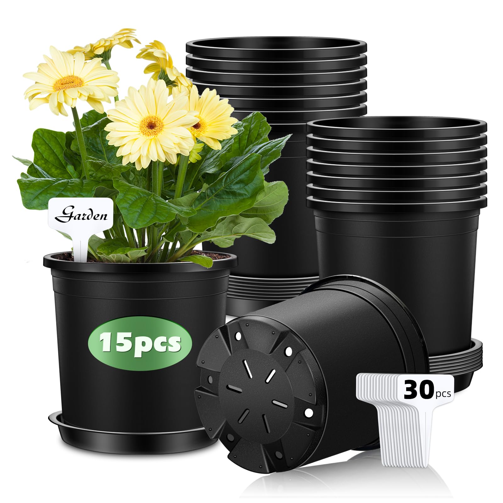 15 Set 1 Gallon Pots with Drainage Holes, Saucers, and Plant Labels ...