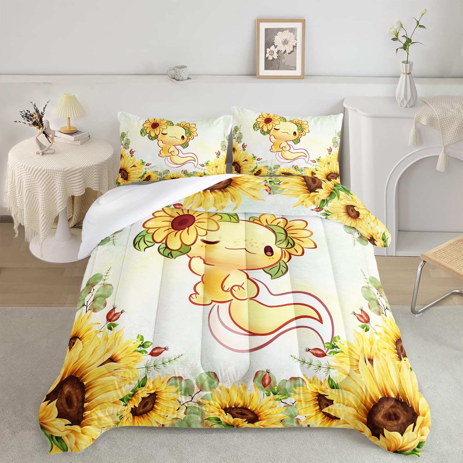 CVHOUSE Axolotl Comforter Set Queen,Kawaii Axolotl Bedding Set For Kids ...
