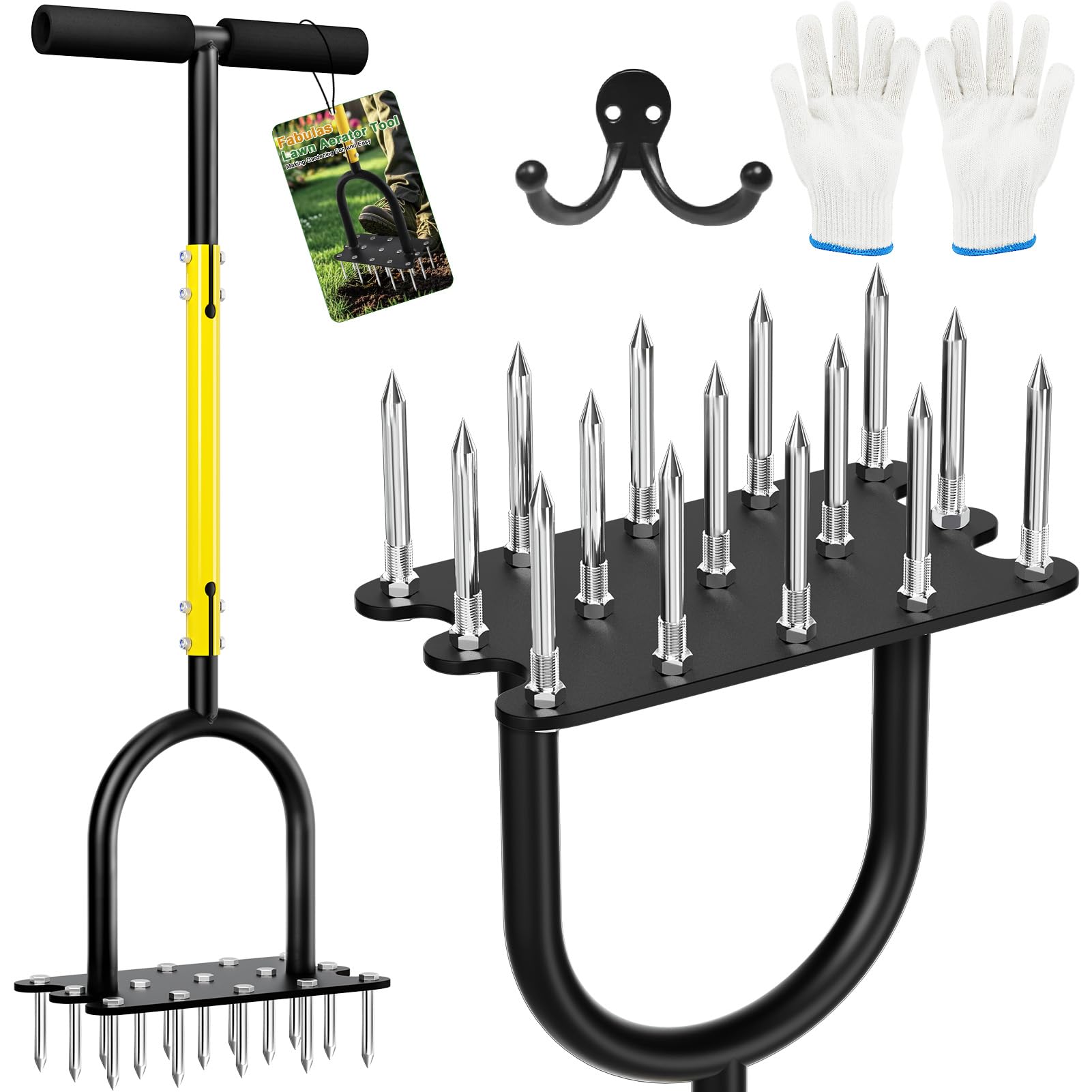 Fabulas Lawn Aerator Tool, Spike Metal Manual Aerators with 15 Iron ...