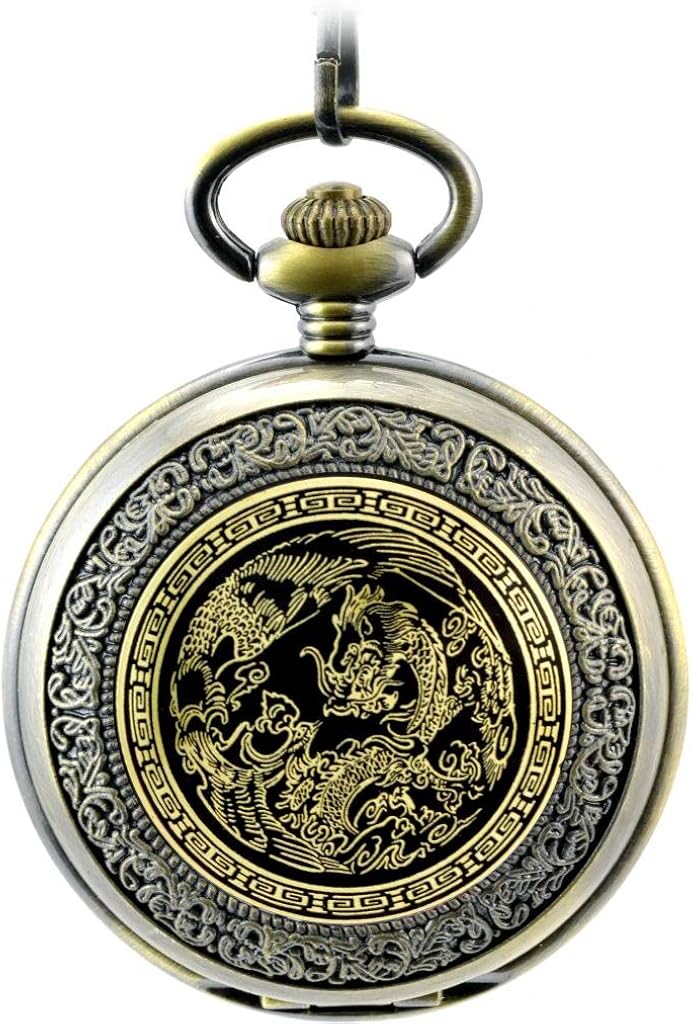 Infinite U Dragon and Phoenix Roman Numerals Hollow Skeleton Steel Mechanical Pocket Watch ...