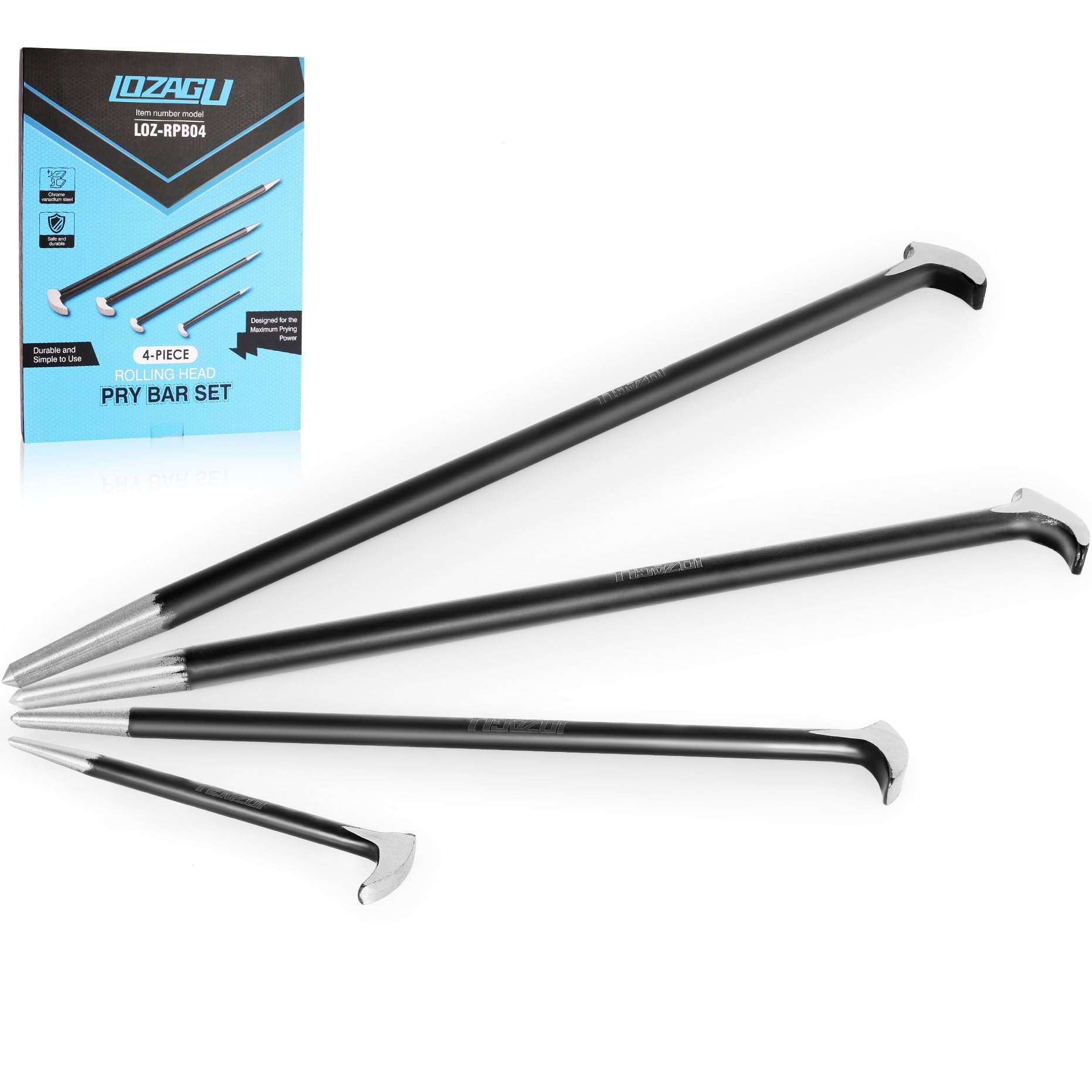 LOZAGU 4-Piece Rolling Head Pry Bar Set for Garages, Heavy Duty Pry Bar ...