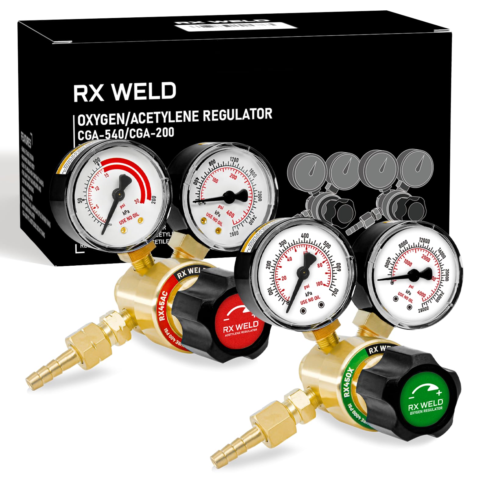 RX WELD Oxygen and Acetylene Regulators, CGA540 and CGA200, Compatible ...