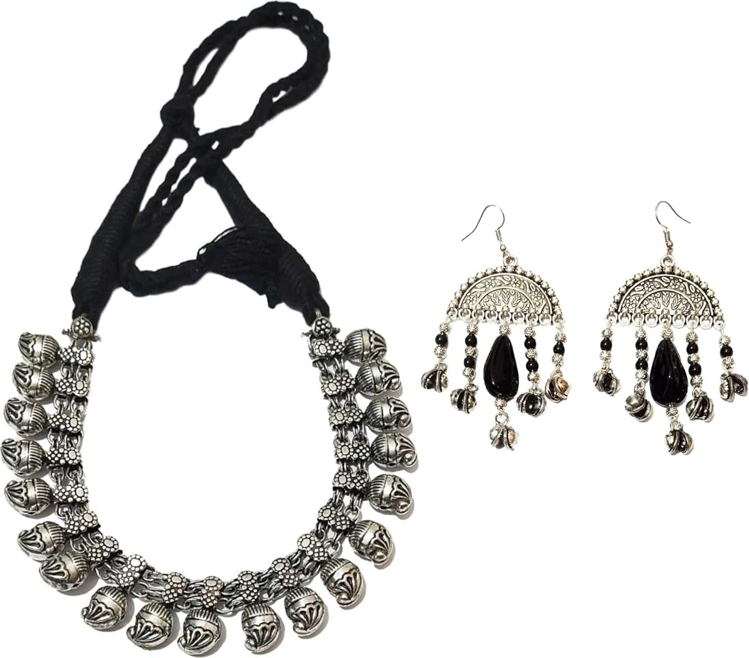 Buy Antique Silver Oxidized Black Thread Choker Jewelry Set with Silver ...