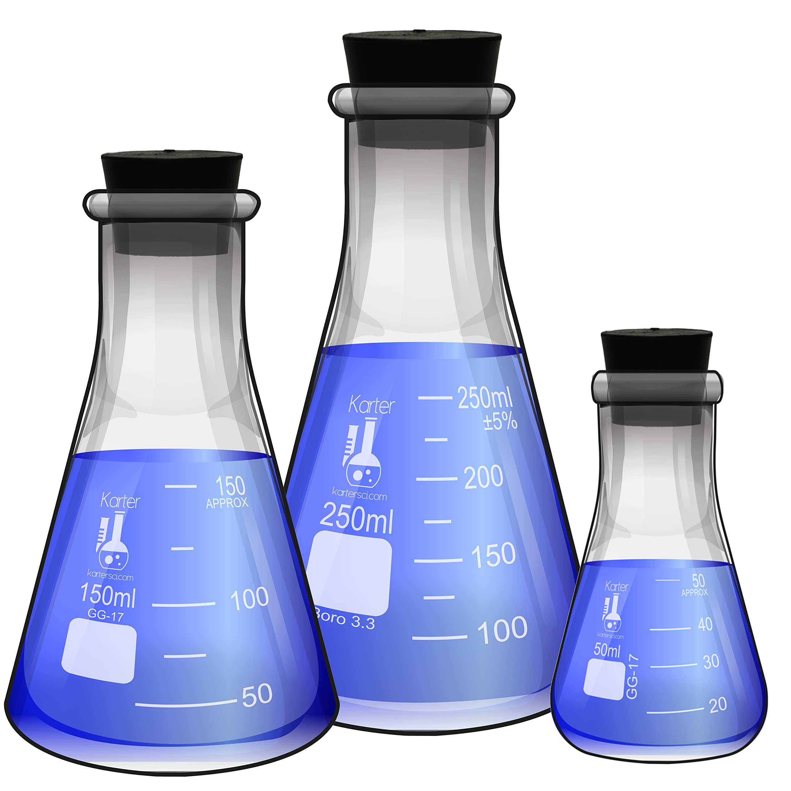 Mua Glass Erlenmeyer Flask Set with Rubber Stoppers - 3 Sizes - 50, 150 ...
