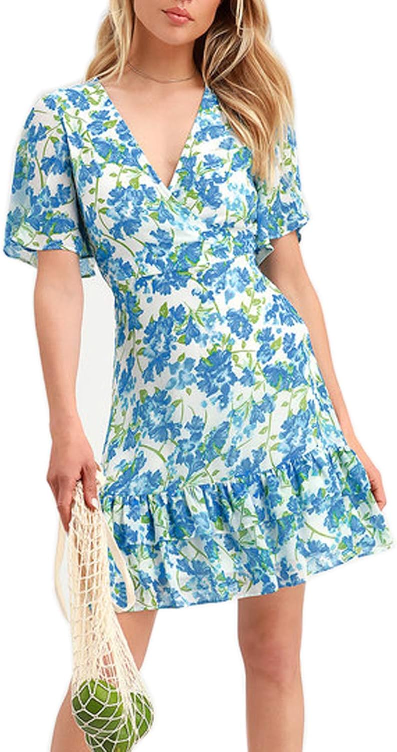 Damen Sommer Flora Kleider Kurze Ärmel Ruffle Strand Urlaub Midi ...