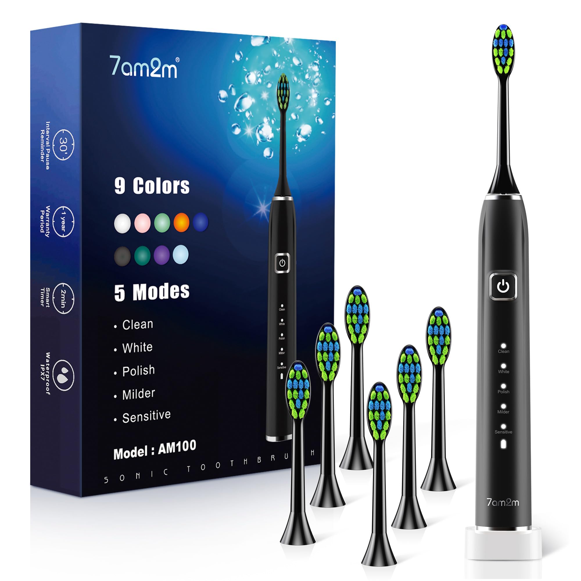 7AM2M Sonic Electric Toothbrush with 6 Brush Heads for Adults&Kids, One Charge for 120 Days ...