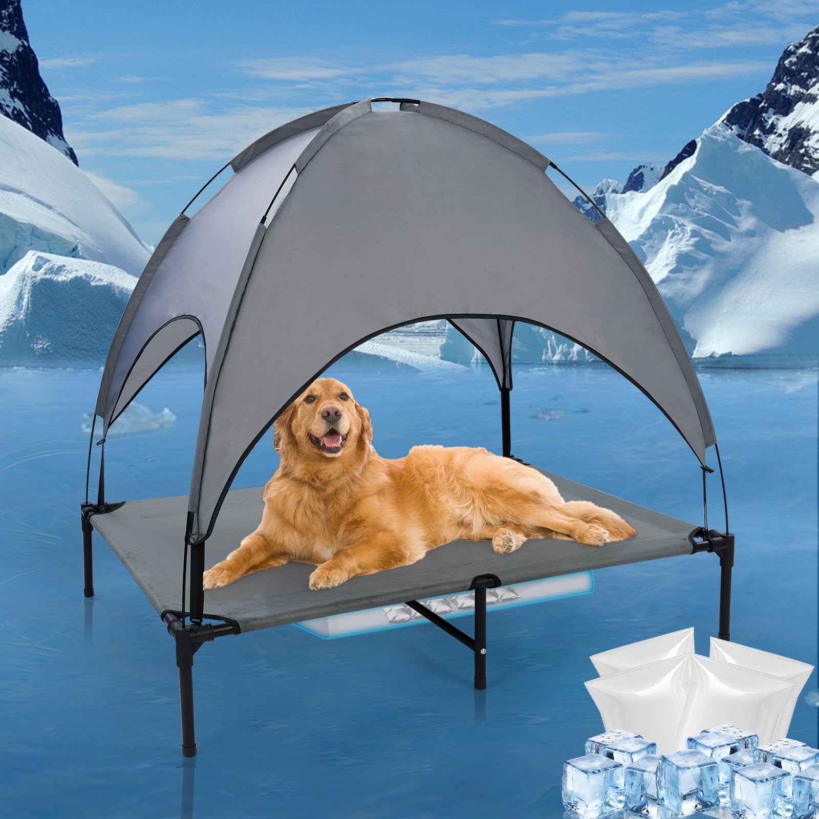 42'' Outdoor Elevated Dog Bed with Canopy, Raised Dogs Bed with Six ...